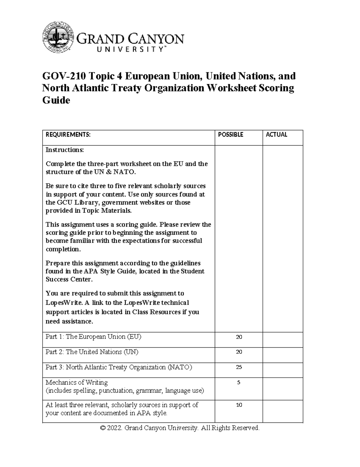 GOV210 T4 EU UN and NATO Worksheet Scoring Guide (A) - GOV-210 Topic 4 ...