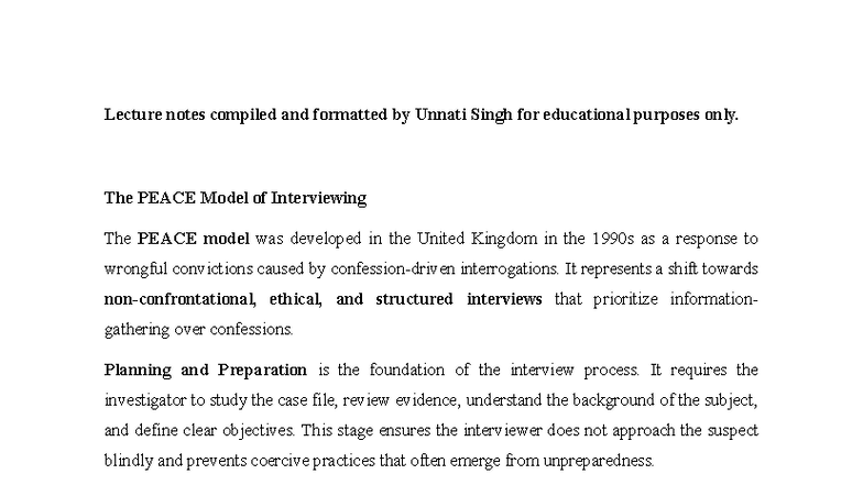 Lecture Notes Day 8: The PEACE Model of Interviewing - Studocu