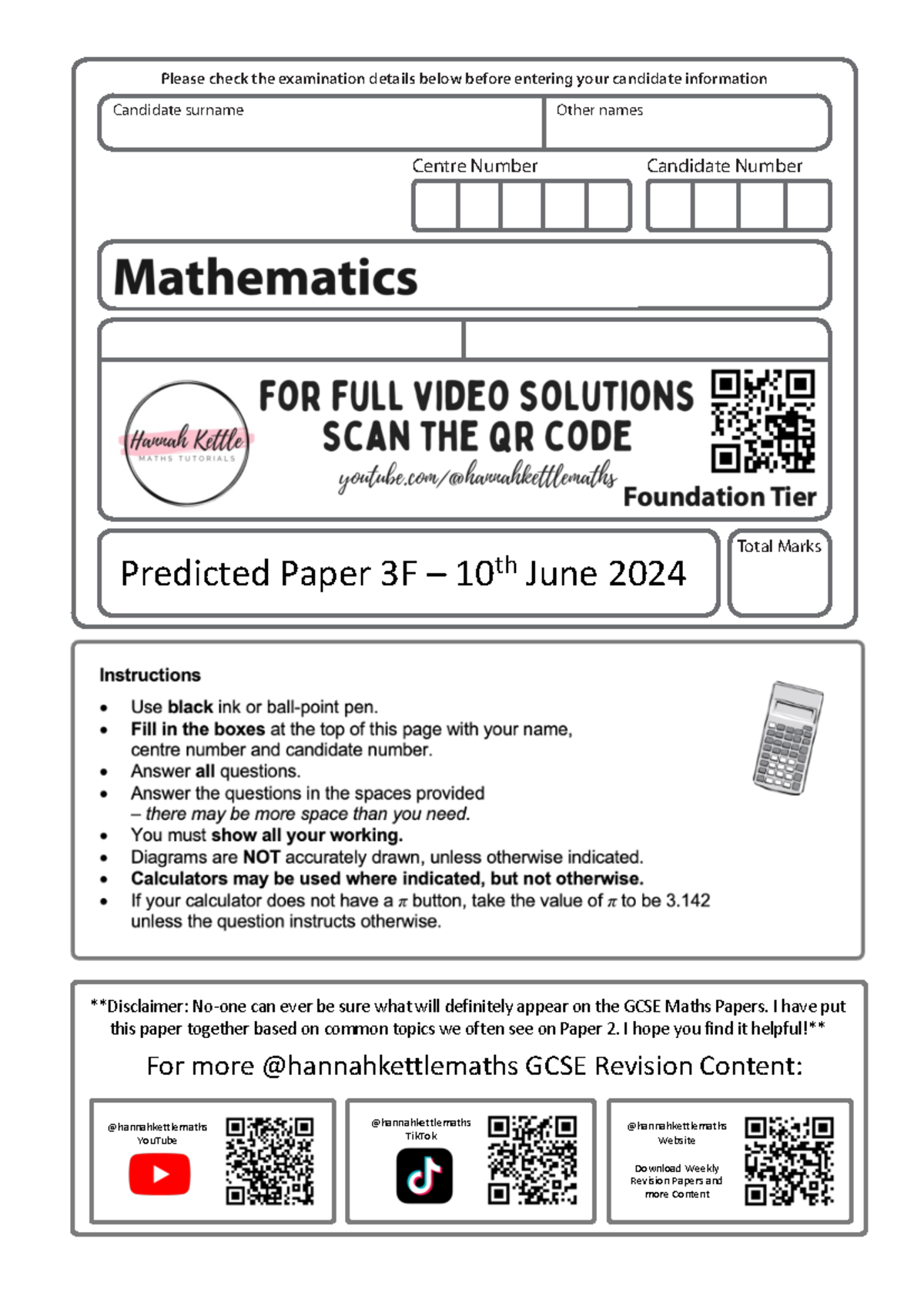 3F 2024 Edexcel Maths Predicted Paper (Non-Calculator) - Studocu