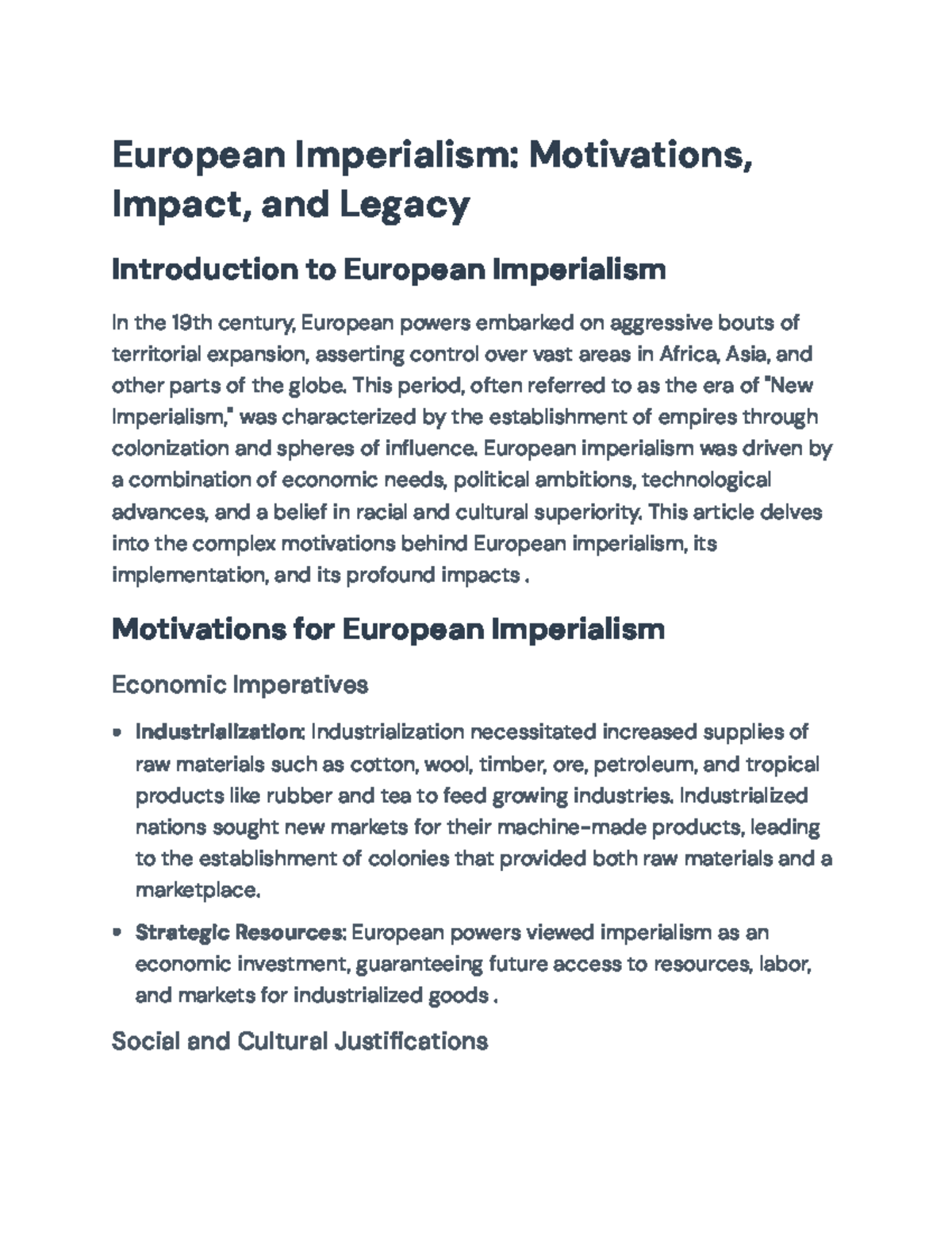 European Imperialism: Motivations, Impacts, and Legacies (HIST 201 ...