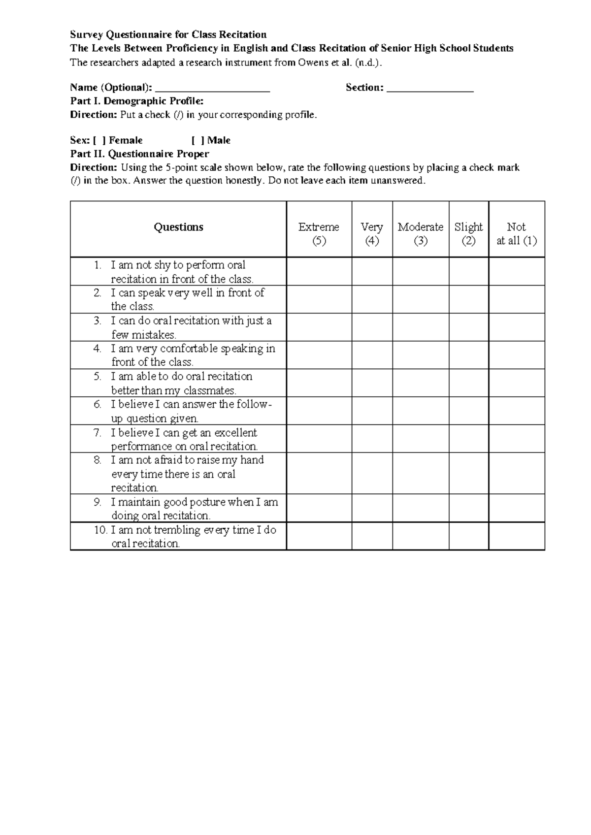 Proficiency Test in English: Survey on Class Recitation Skills - Studocu
