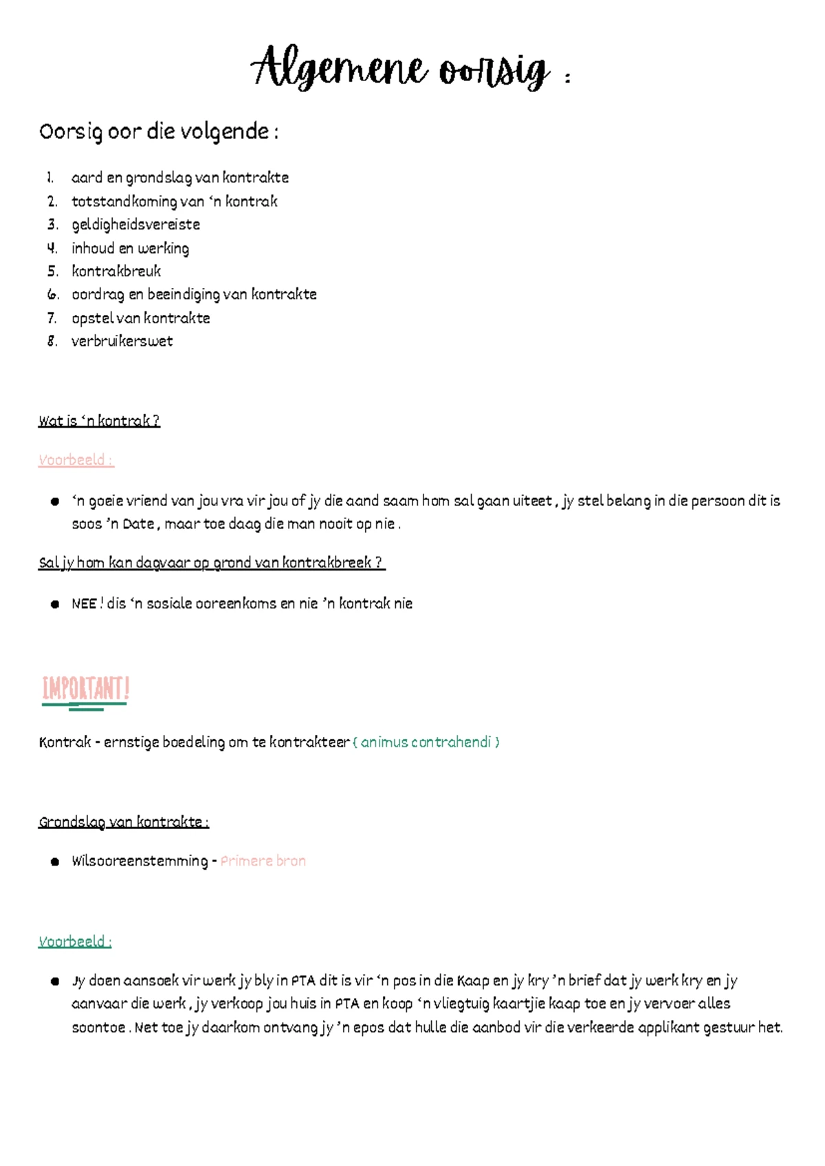 KONTRAKTEREG OPSOMMING: BELANGRIKE BEGINSELS EN BEGINSLEDE - Studocu