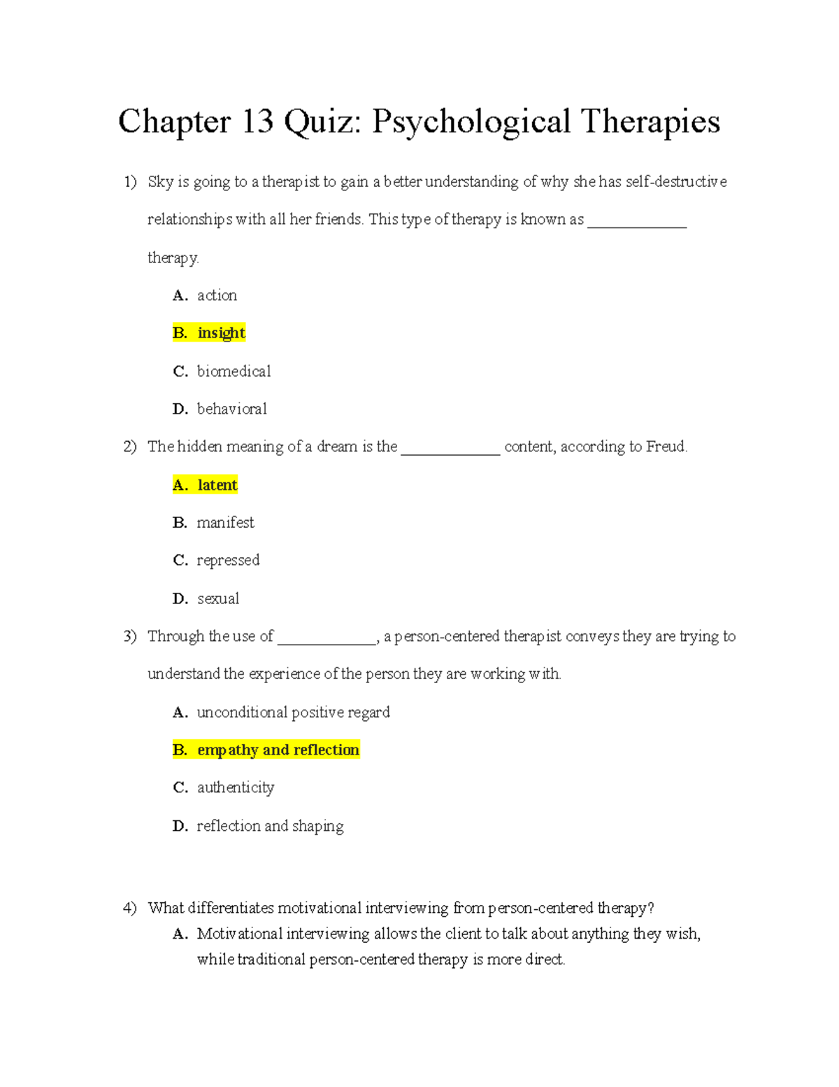 Chapter 13 Quiz: Psychological Therapies Insights and Techniques - Studocu