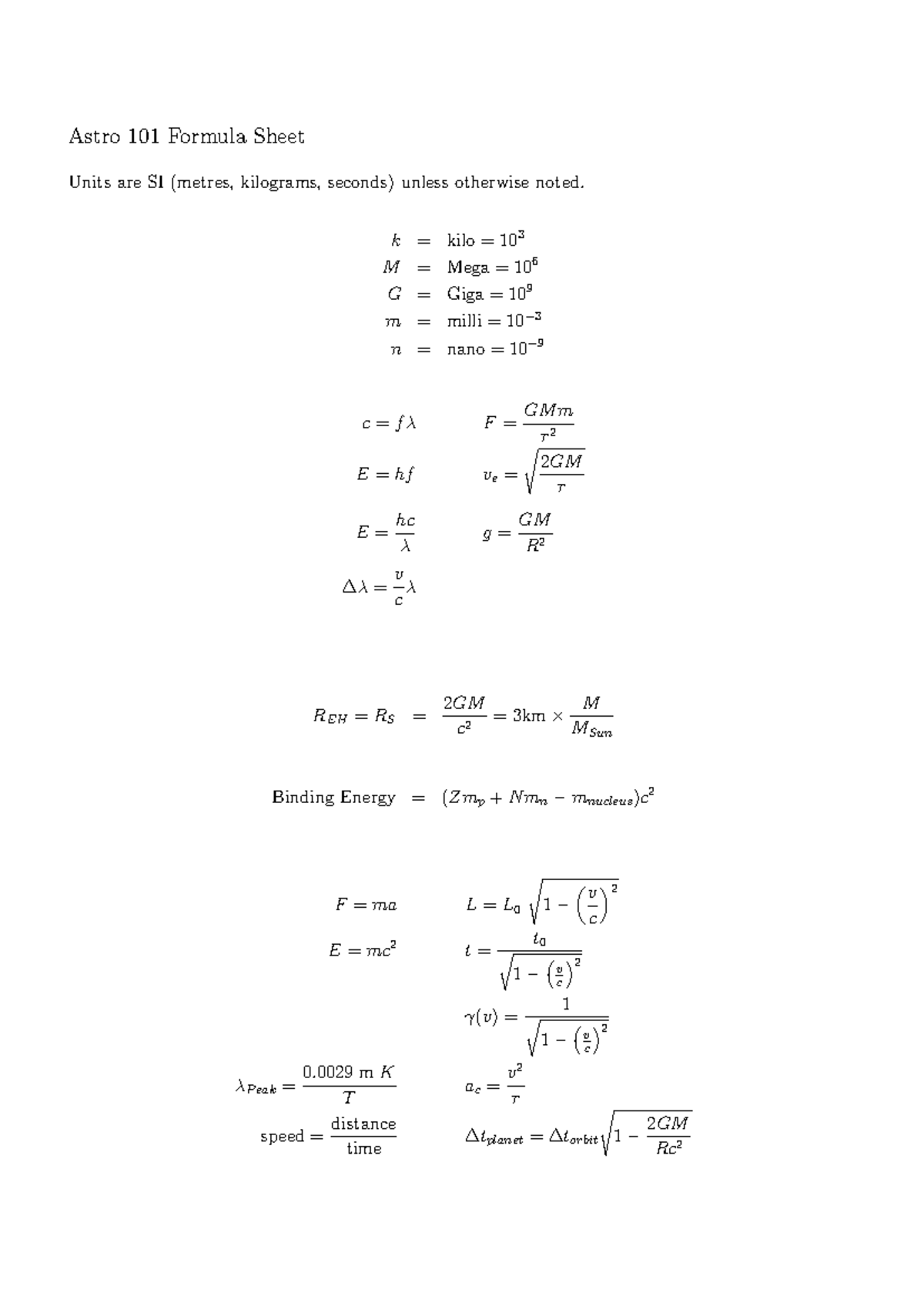 Astro 101 Formula Sheet - Fall 2025 Edition - Studocu