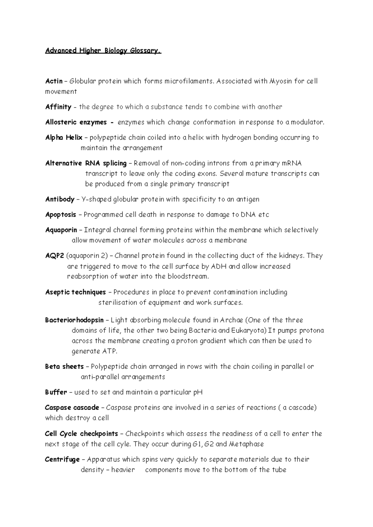 Advanced Higher Biology Glossary: Key Terms and Definitions - Studocu