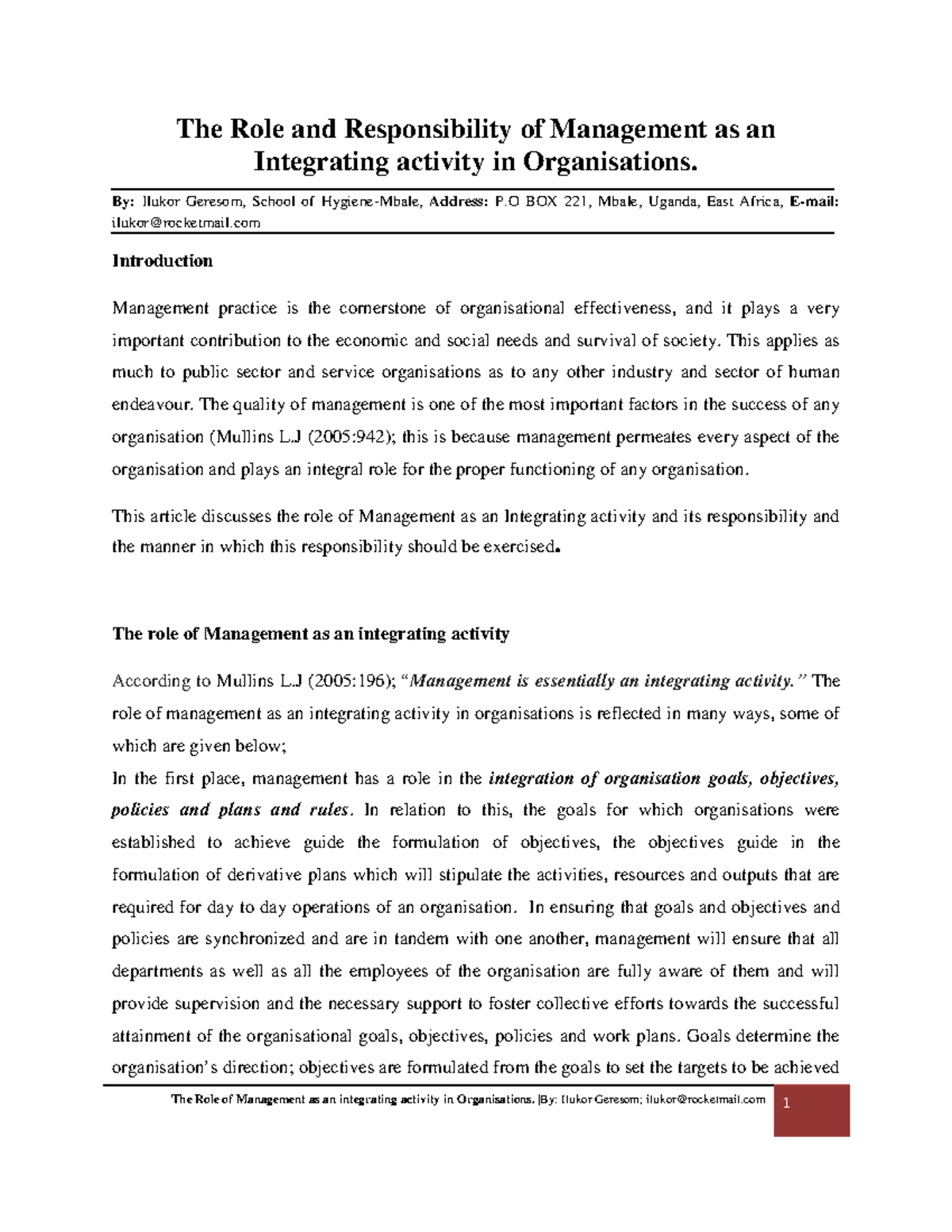 The Role and Responsibility of Management as an Integrating Activity ...