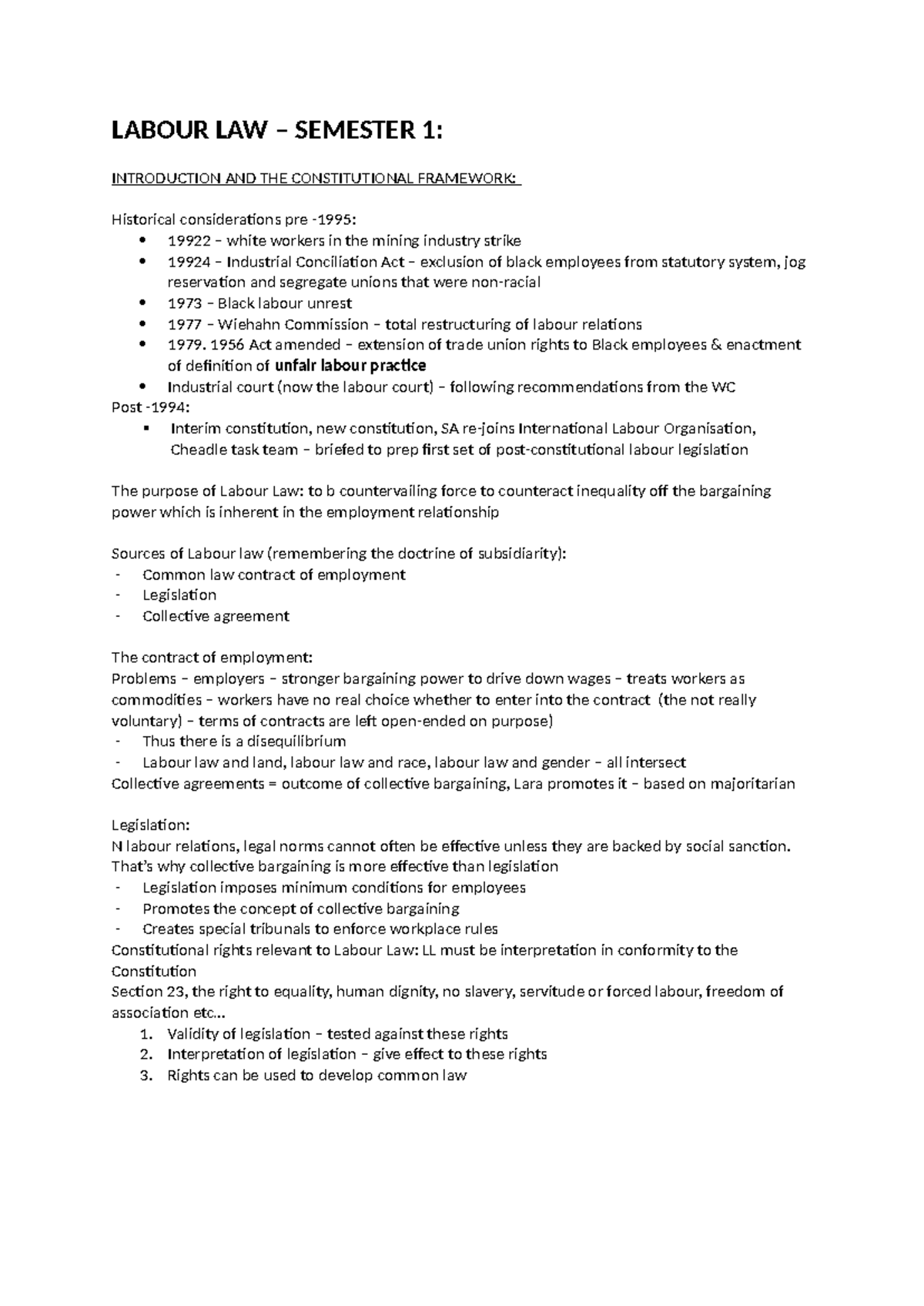 Labour Law (LAW 101) - Detailed Lecture Notes for Semester 1 - Studocu