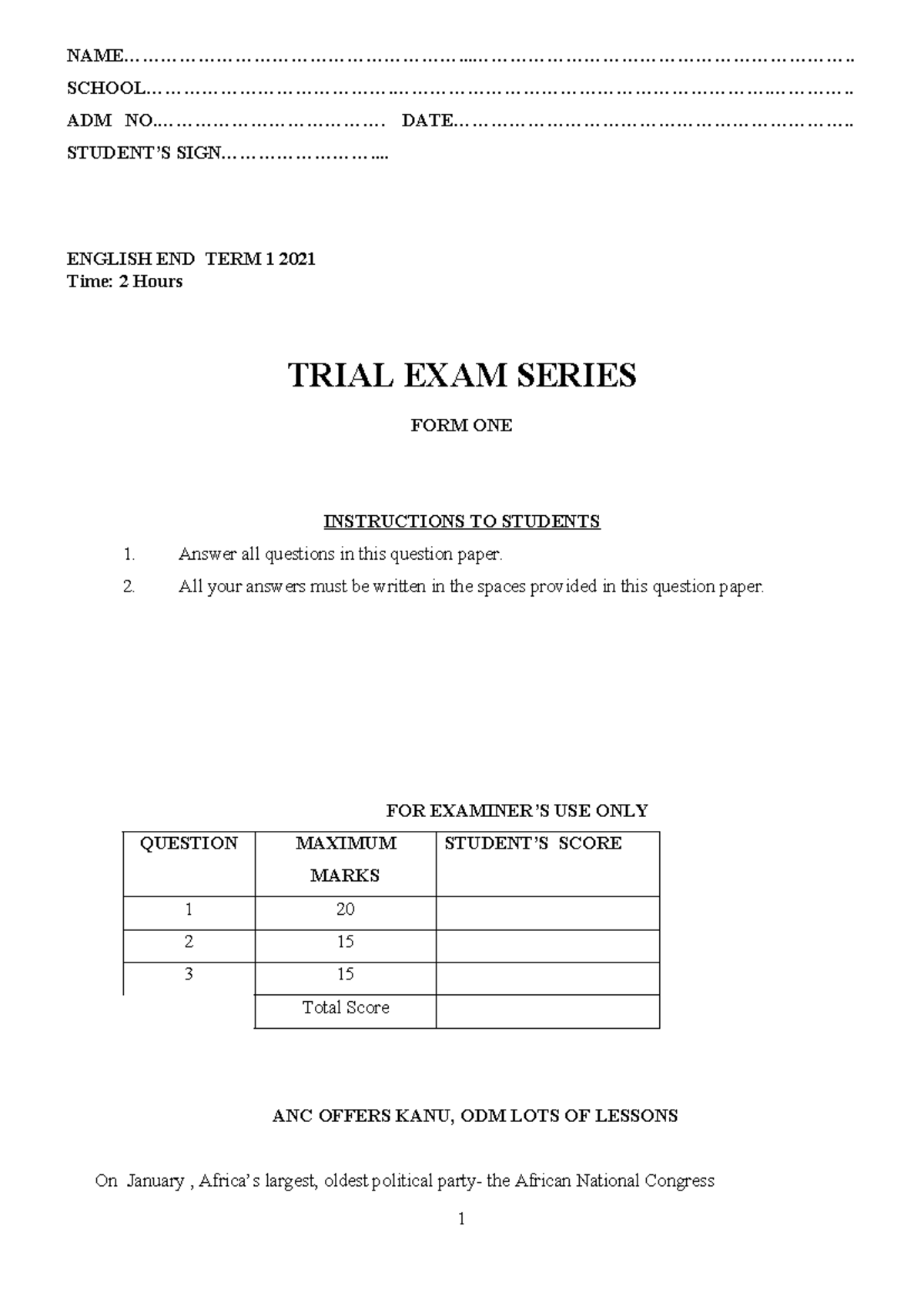 English Form 1 End Term 1 Exam 2021 - Trial Series Questions - Studocu