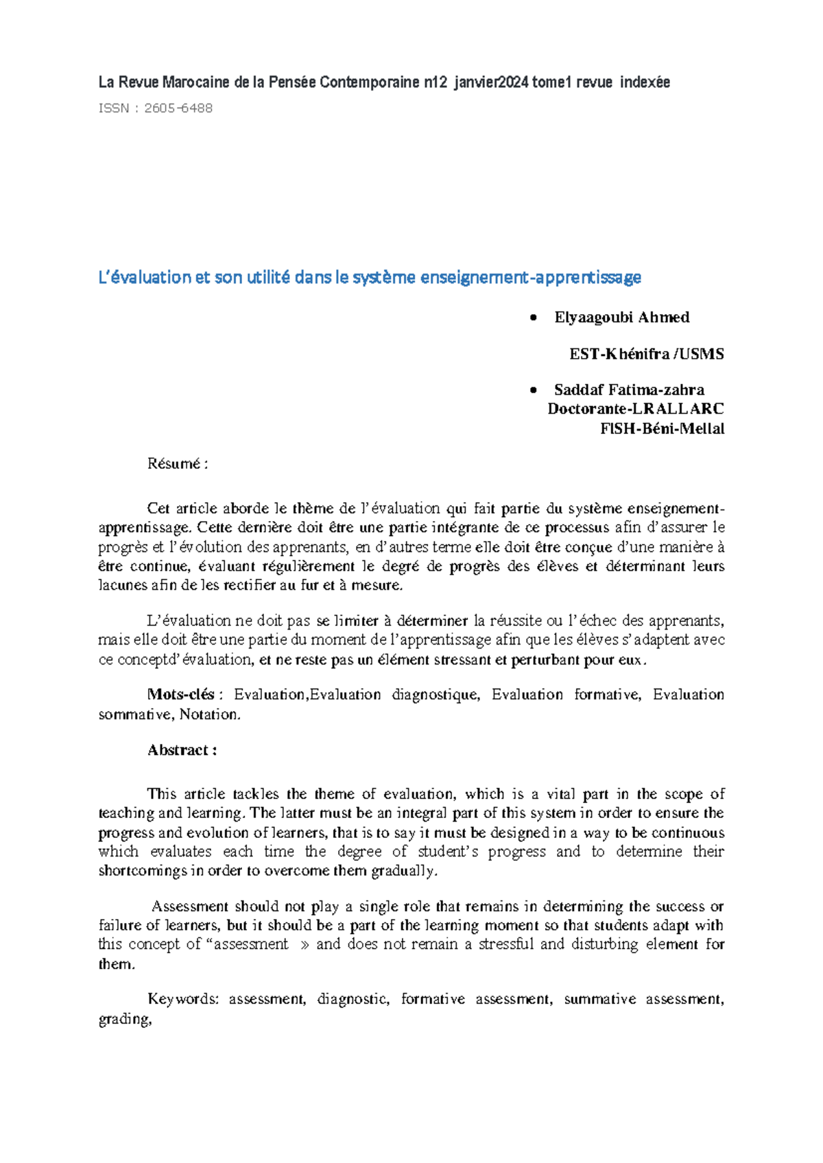 Évaluation et Notation dans l'Enseignement : La Revue Marocaine n°12 ...