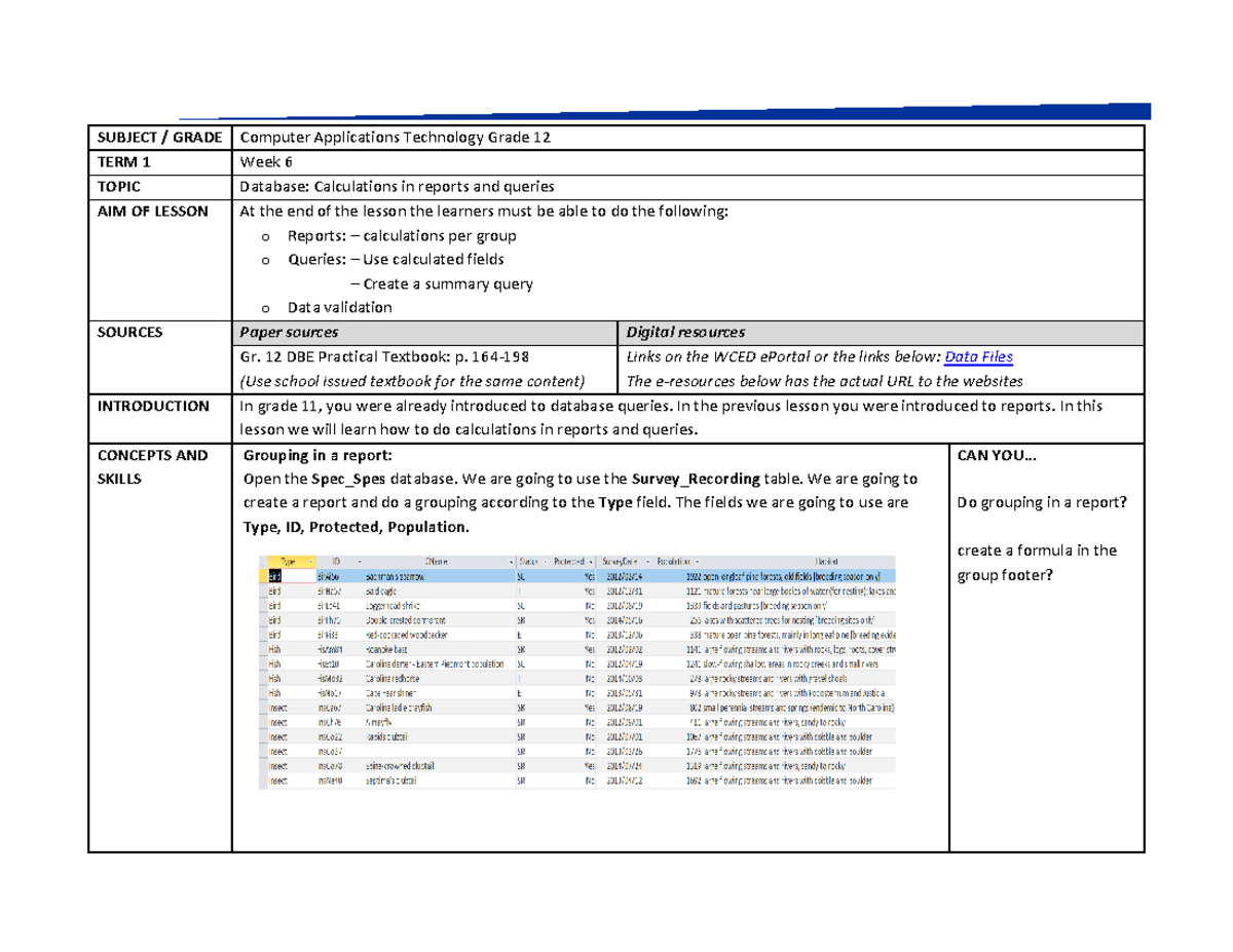 CAT Grade 12 T1 W6 - Database Calculations in Reports & Queries - Studocu