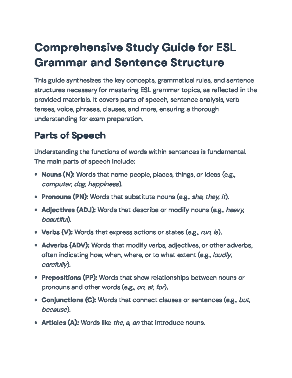 Comprehensive ESL Grammar Study Guide for Exam Prep (ESL 101) - Studocu