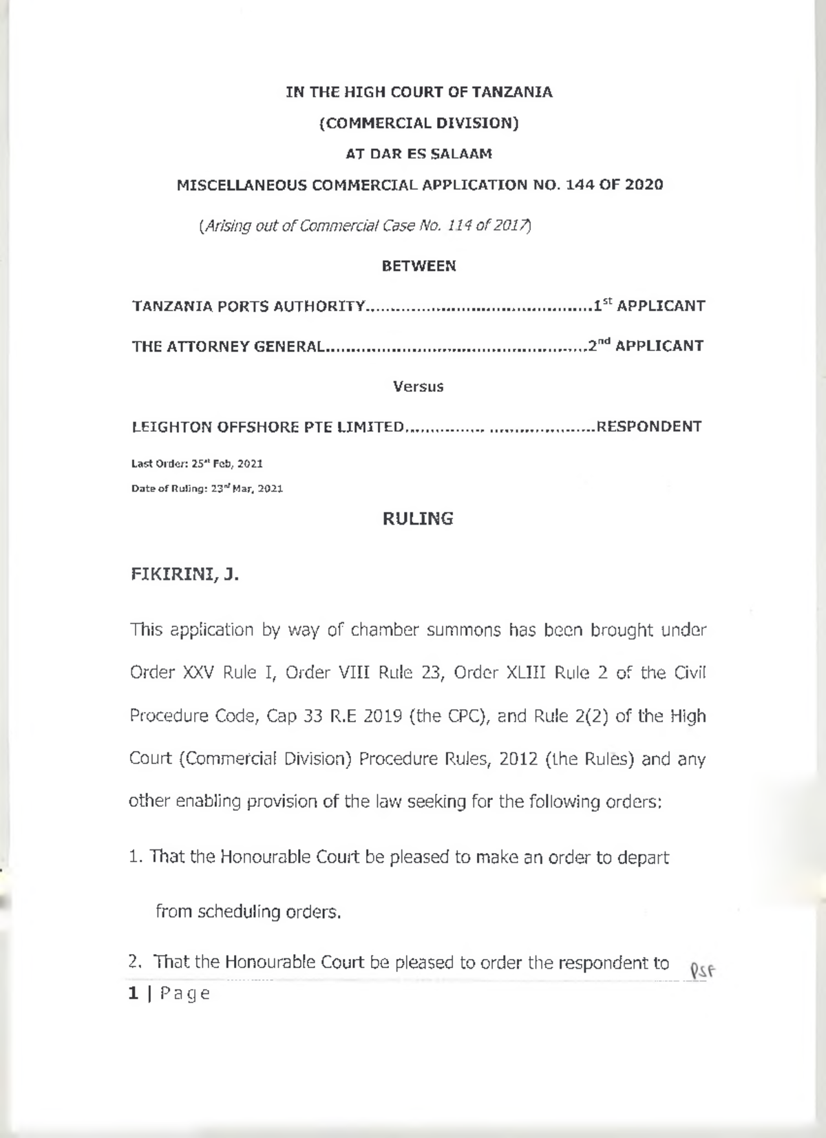 Tanzania Ports Authority vs Leighton Offshore Pte Ltd: Misc Commercial ...