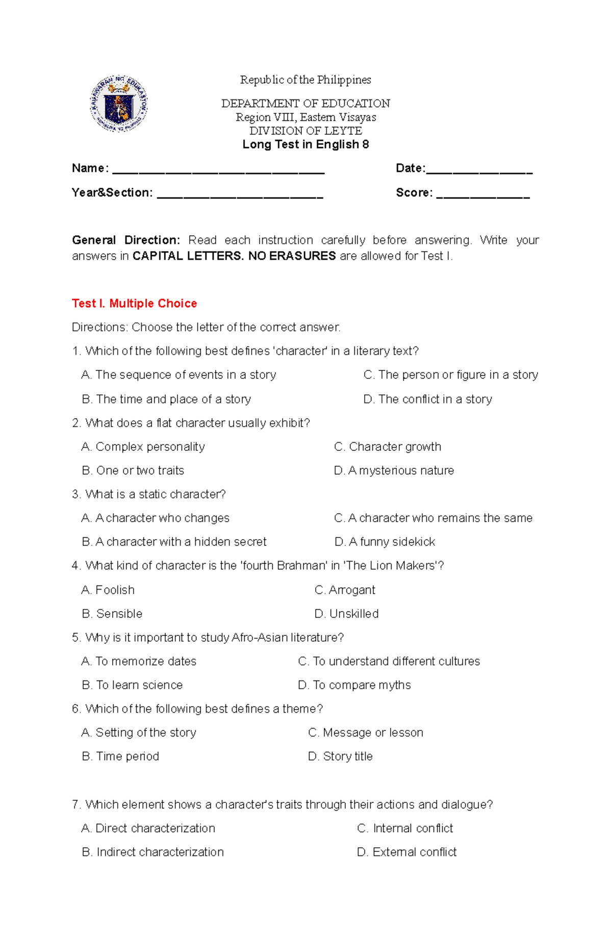Eng 8 Long Test: Literary Concepts and Character Analysis - Studocu