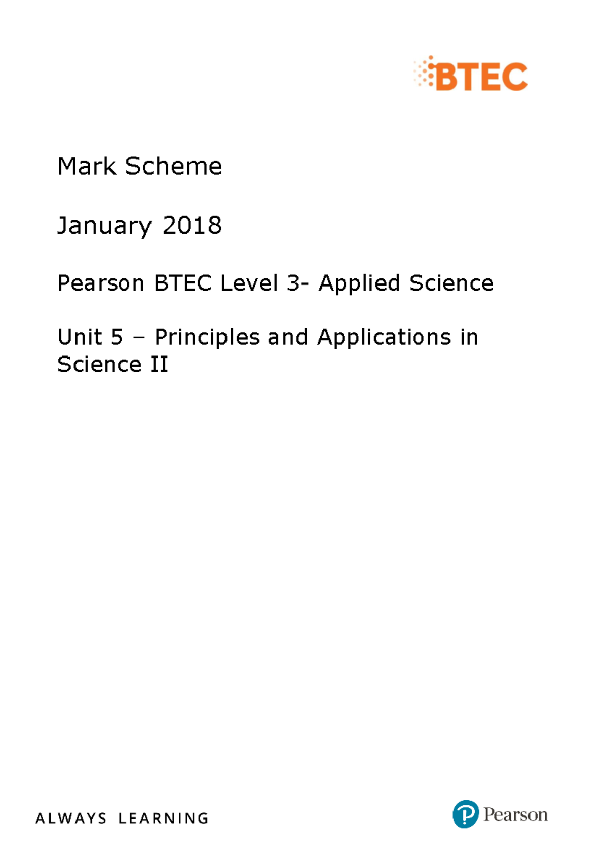 Mark Scheme for Jan 2018 BTEC Level 3 Applied Science Unit 5 - Studocu