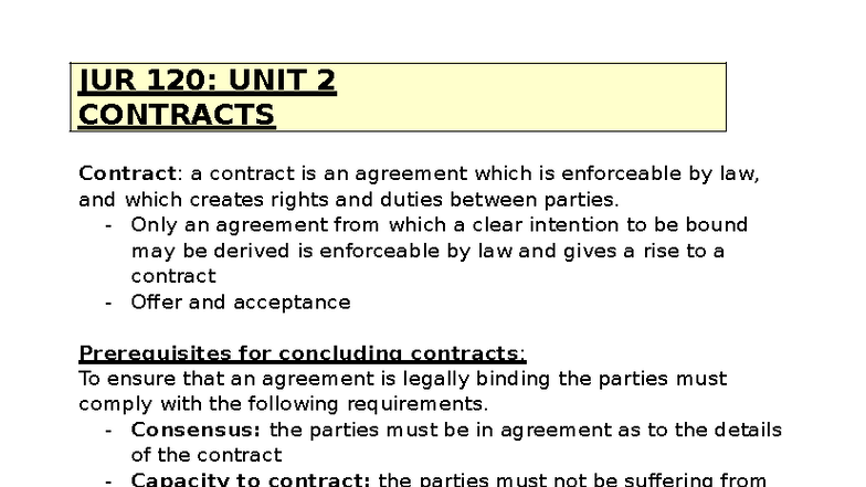 JUR 120: UNIT 2 CONTRACTS - Lecture Notes on Contract Law Essentials ...