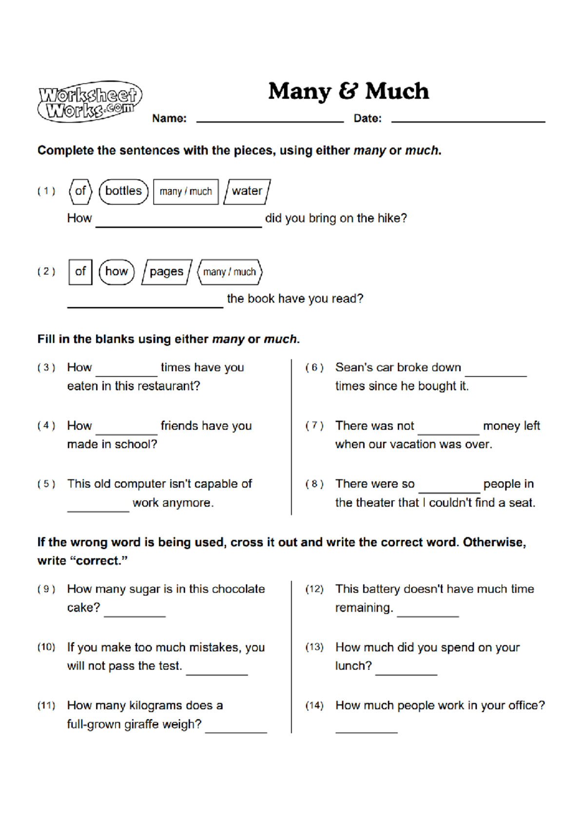 Many Much A An The - Worksheet - Many/Much/How many/How much We don’t ...