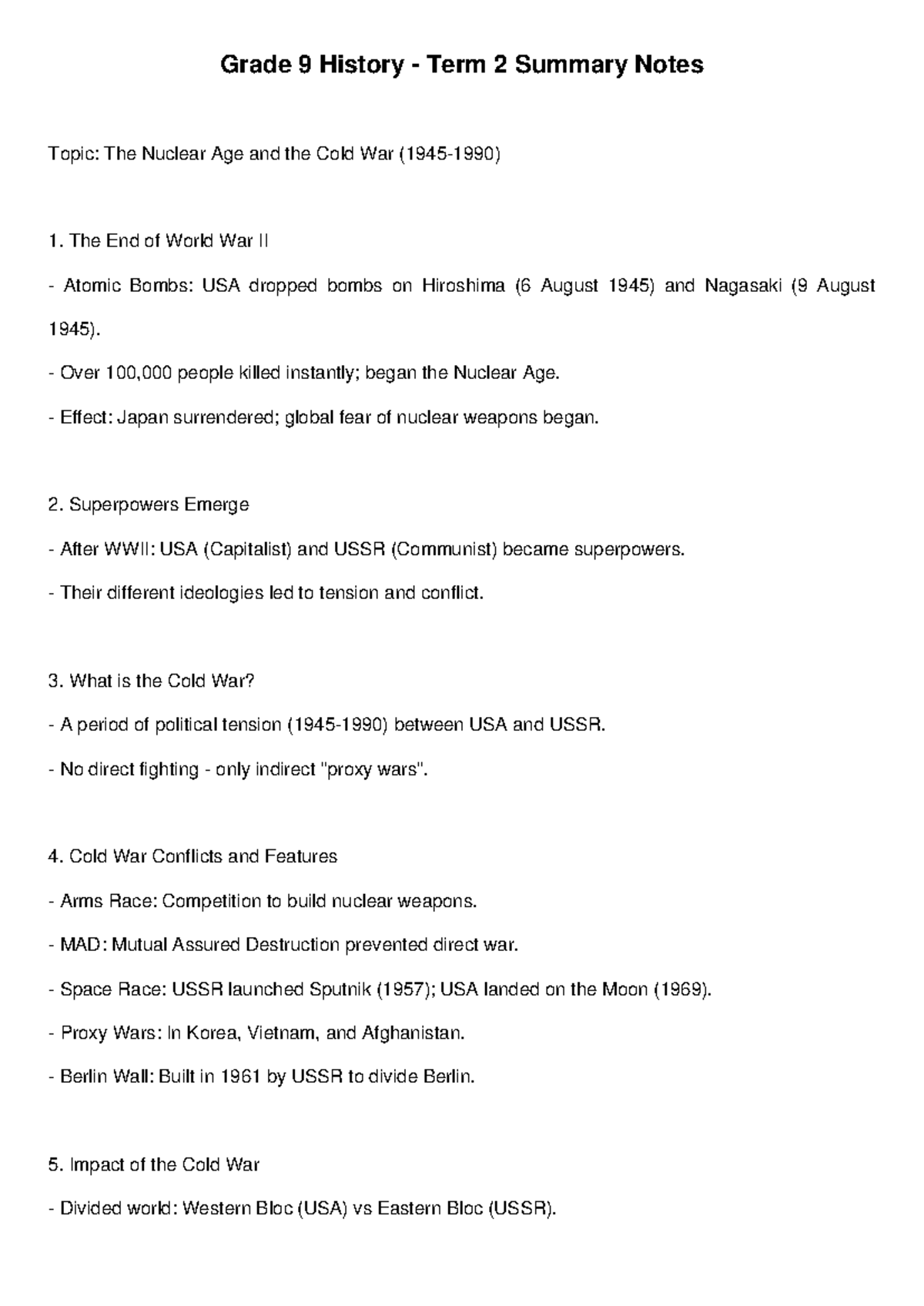 Grade 9 History - Term 2 Summary: The Nuclear Age & Cold War (1945-1990 ...