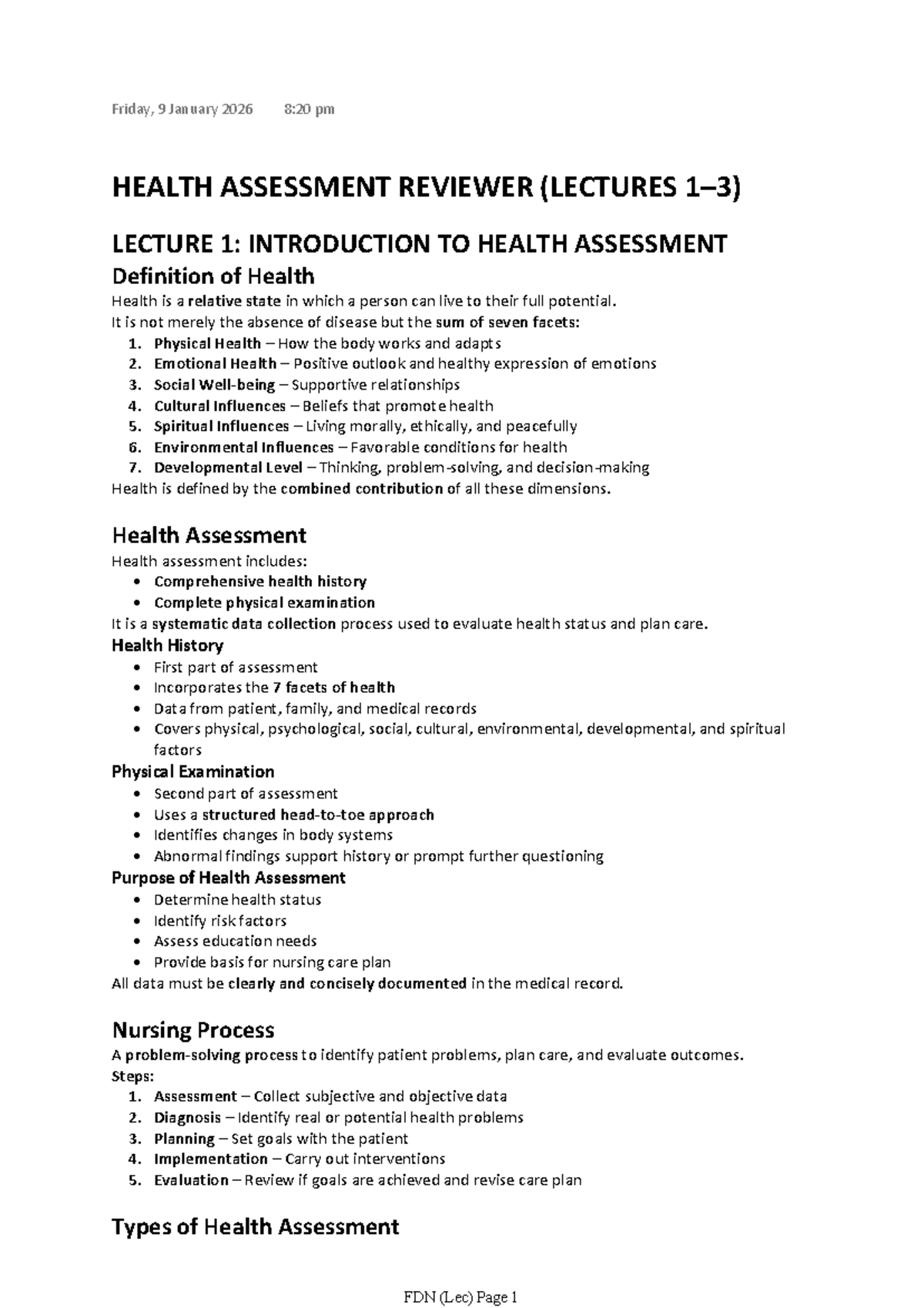 HEALTH ASSESSMENT REVIEWER (FDN LEC: LECTURES 1-3) - Studocu