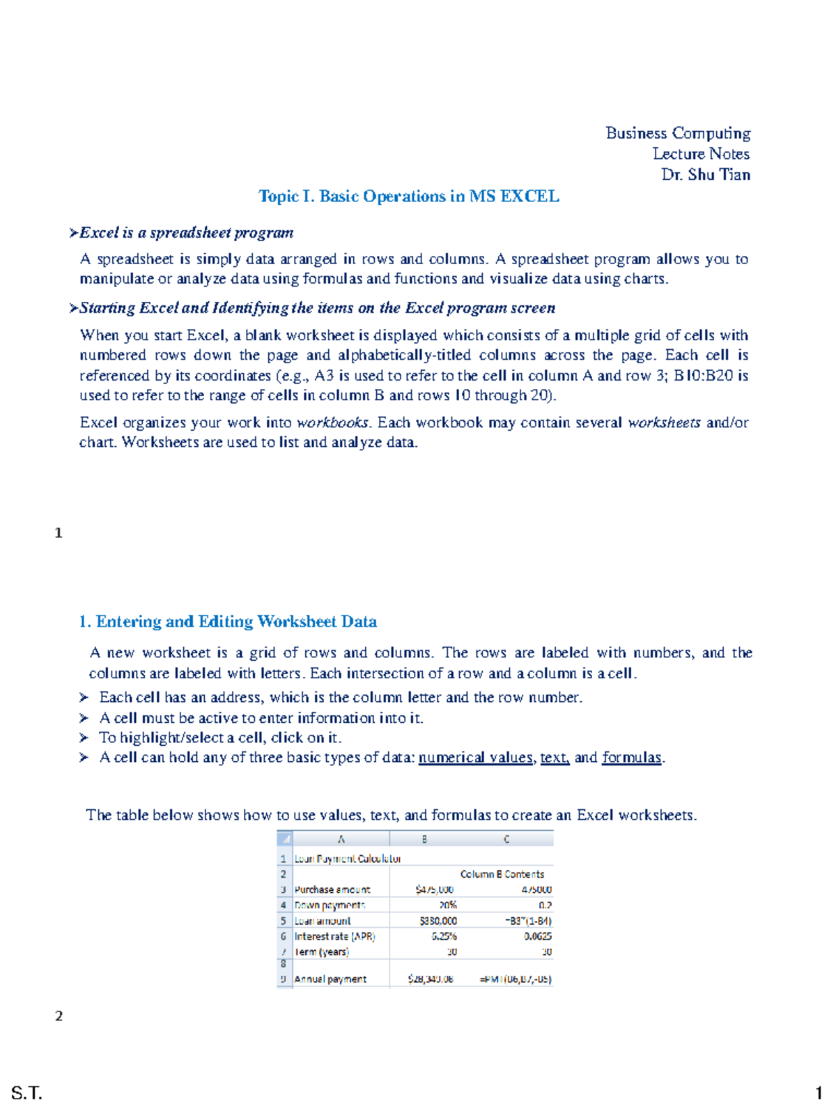 Business Computing: Excel Basics & Formula Ops - Lecture Notes - Studocu