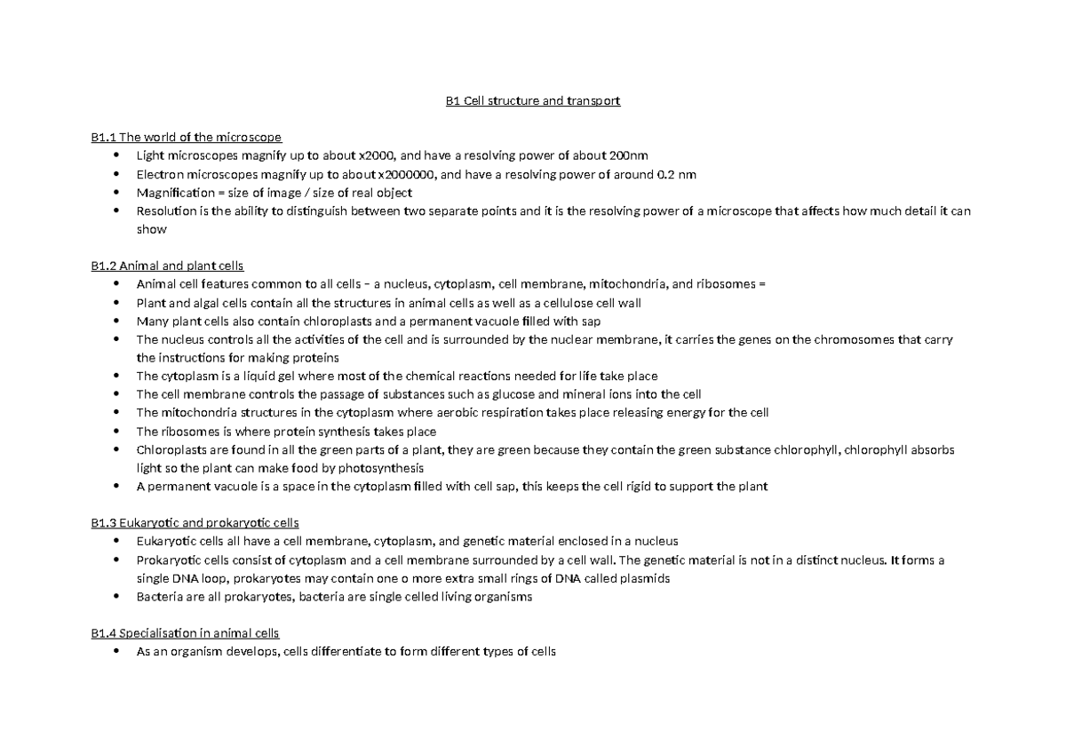 B1 Final Exam Study Notes: Cell Structure and Transport - Studocu