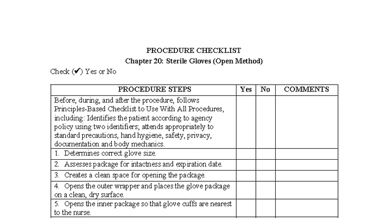 20-07 Sterile Gloves Procedure Checklist: Open Method Steps - Studocu