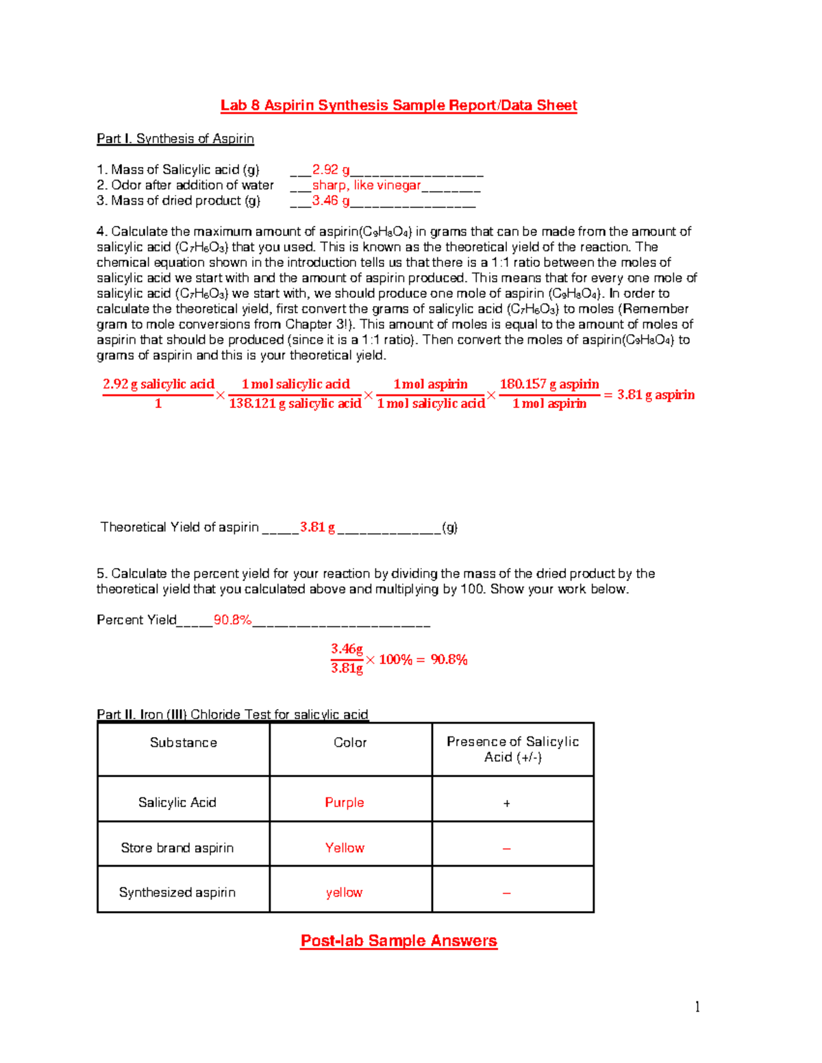 Lab 8: Sample Report on Aspirin Synthesis and Yield Analysis - Studocu