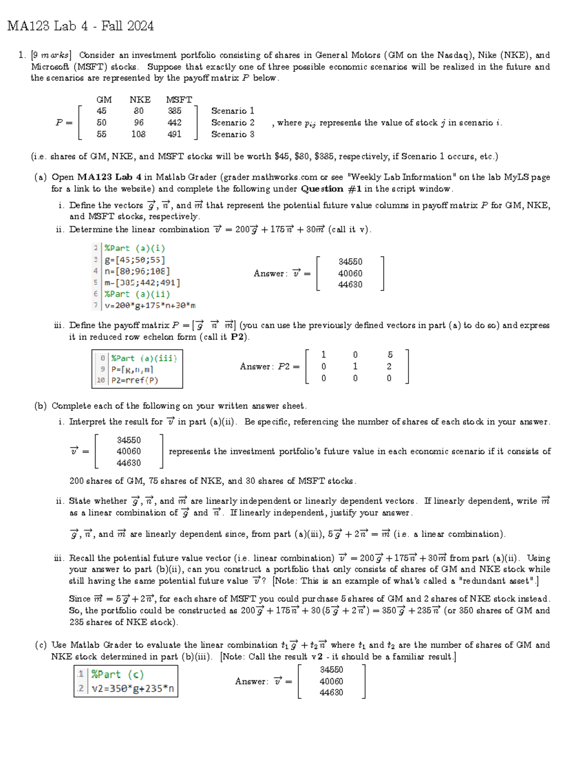 MA123 F24 Lab 4 Solns - MA123 Lab 4 - Fall 2024 [9 marks] Consider an ...