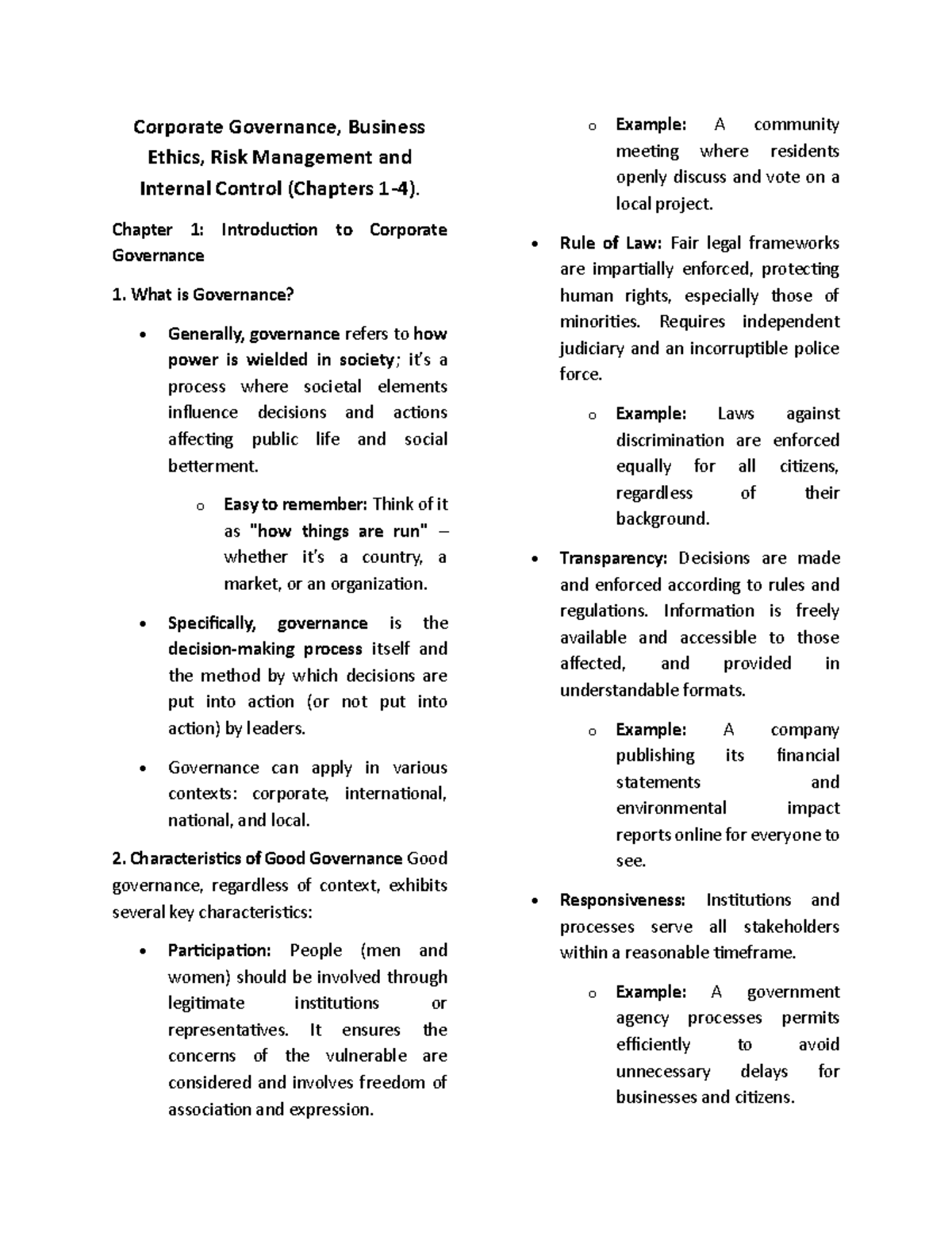 Chapter 1-4 Summary: Corporate Governance, Ethics, Risk Mgt. (Course ...