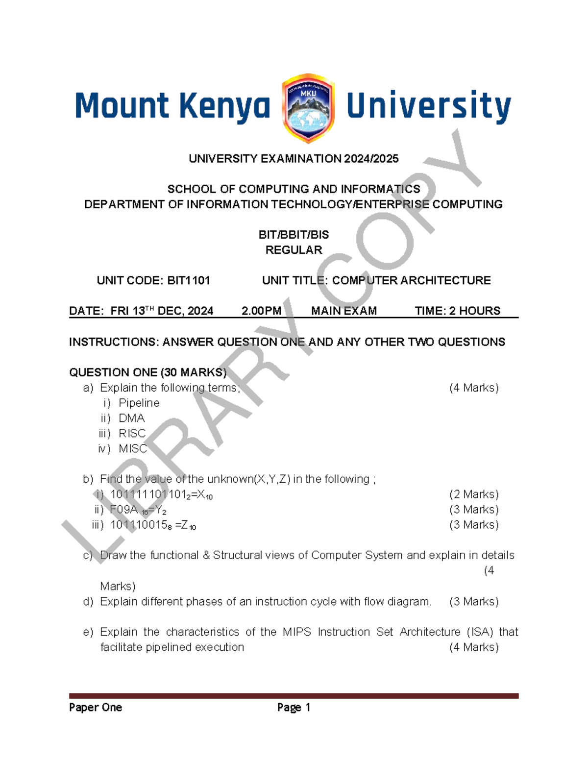 BIT1101 Final Exam: Computer Architecture - PY University - Studocu