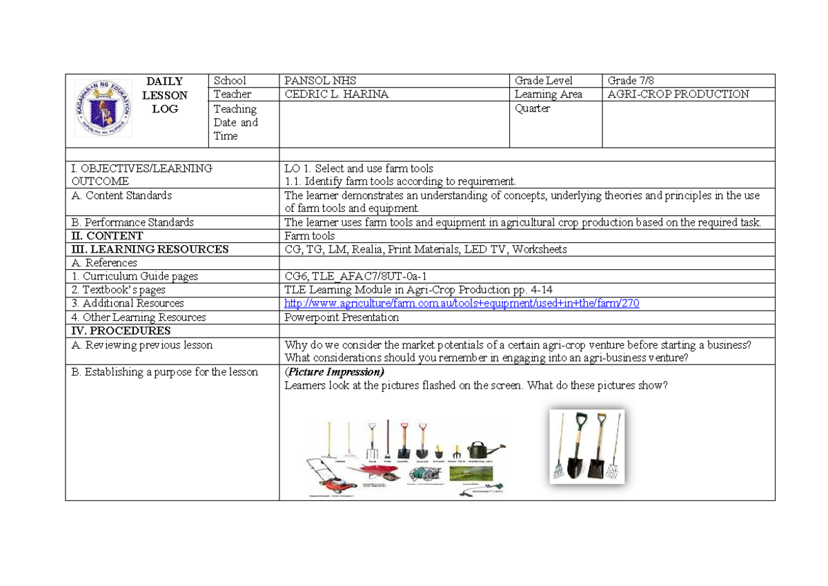 AGRI-CROP Production- LO1-LO3 - DAILY LESSON LOG School PANSOL NHS ...