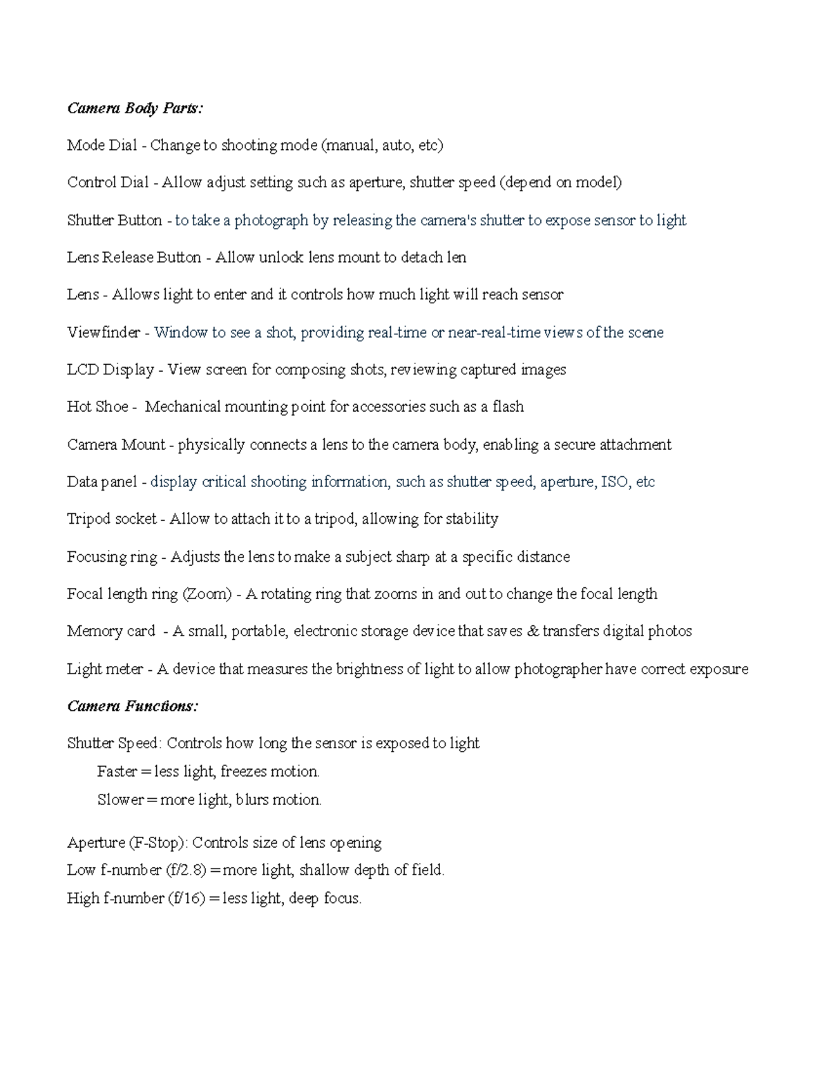 Photography Midterm Study Guide: Key Concepts & Camera Functions - Studocu