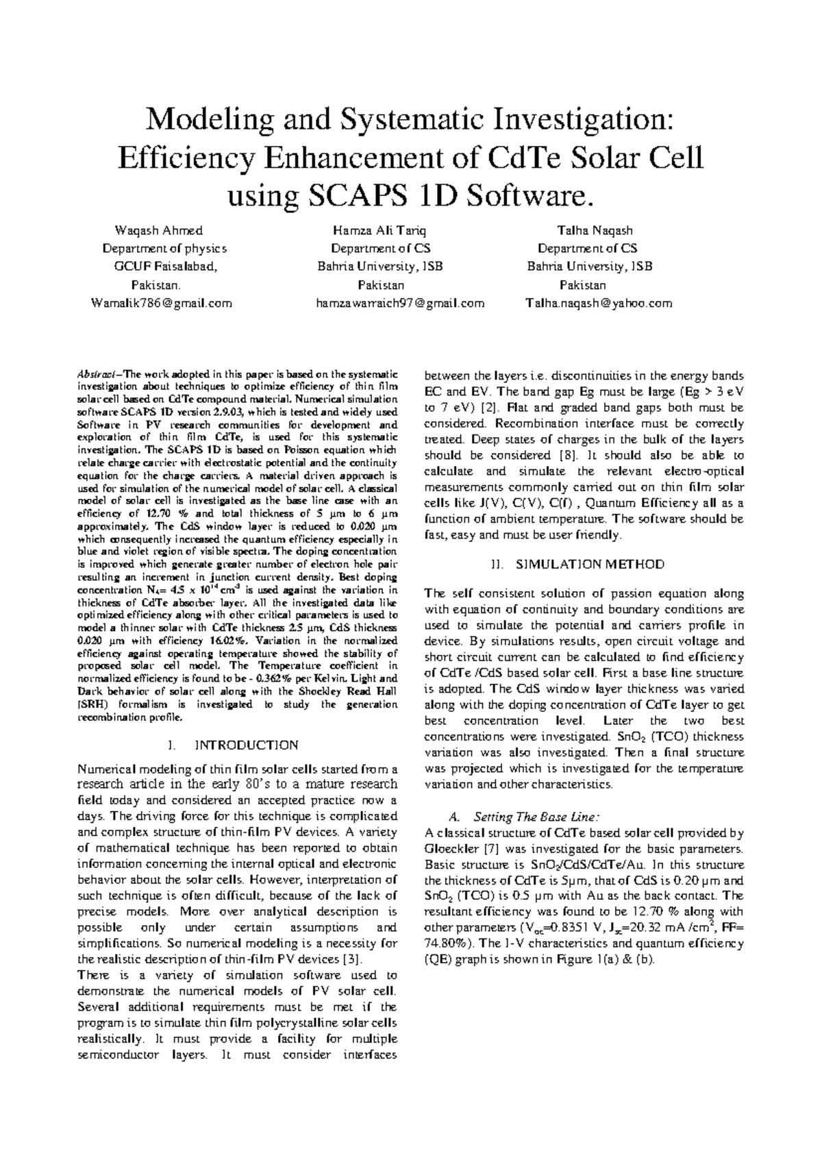 Modeling Efficiency Enhancement of CdTe Solar Cell Using SCAPS 1D - Studocu