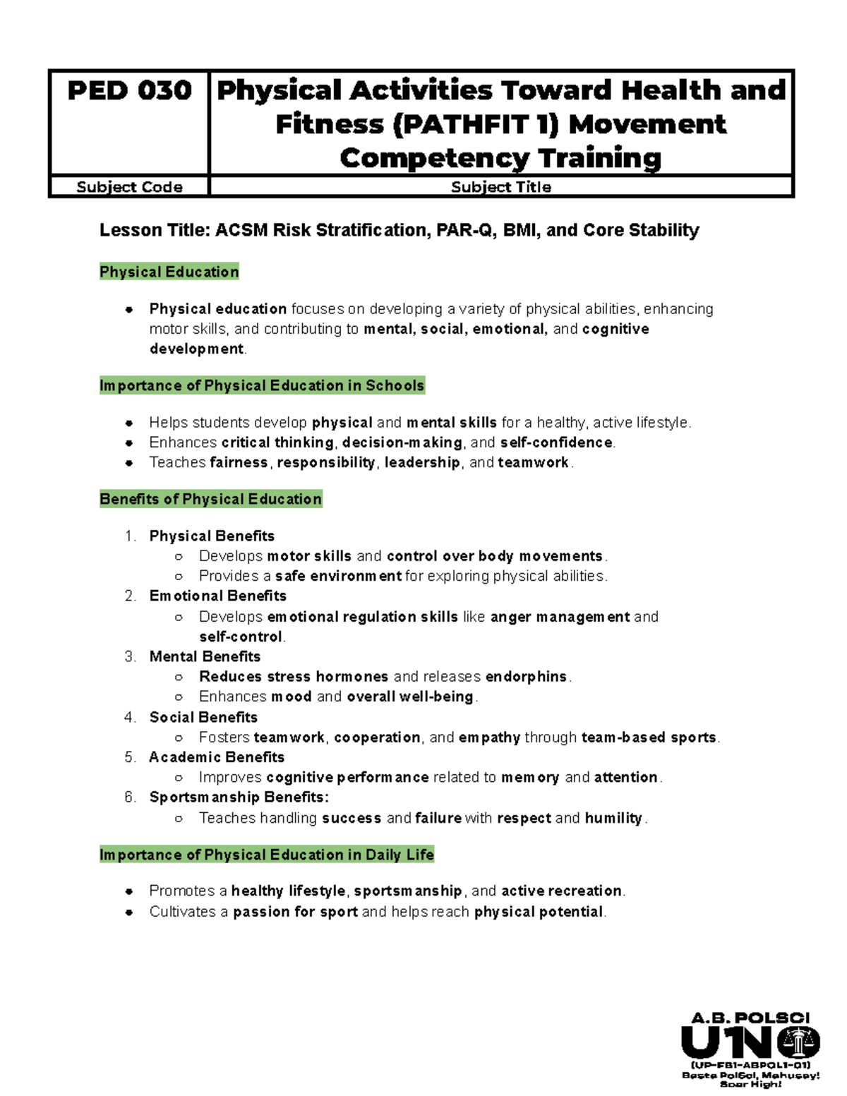 PED-030 - Prelims Reviewer for Health & Fitness: ACSM, PAR-Q & Core ...