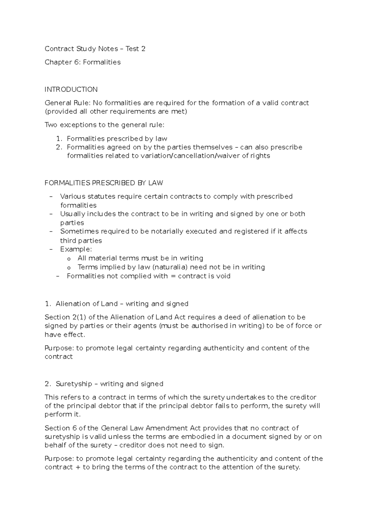 Contract Study Notes: Test 2 - Chapter 6 Formalities Overview - Studocu