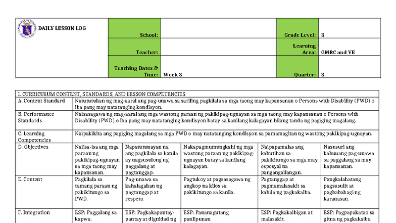 DLP Competency #3: GMRC Lesson Plan for Grade 3 - Studocu