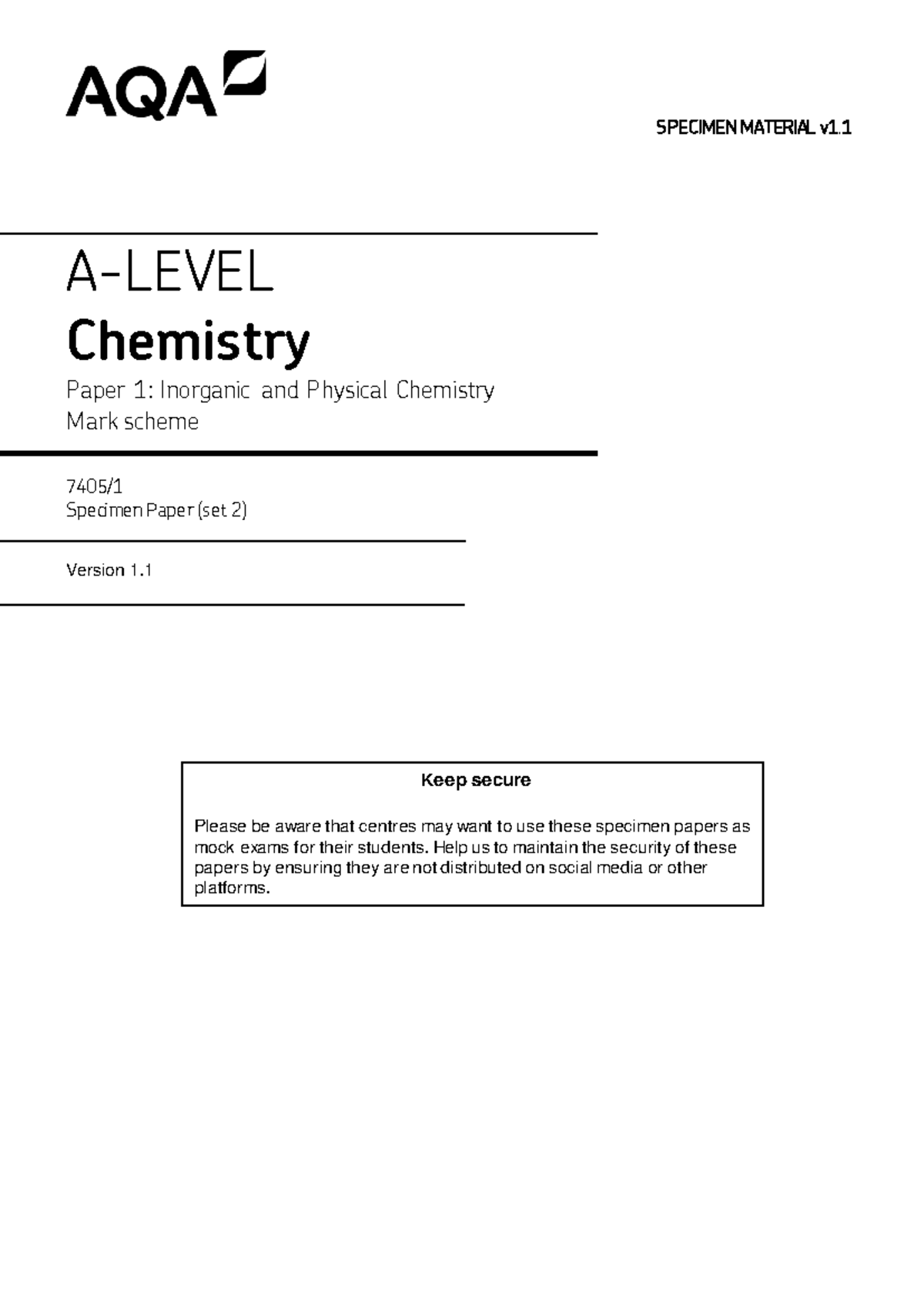7405 1 specimen mark scheme set 2 paper 1 v1 - SPECIMEN MATERIAL v1. A ...