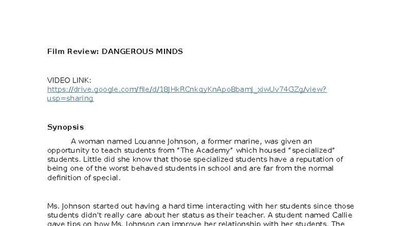 Film Review: DANGEROUS MINDS - Character Analysis & Themes - Studocu