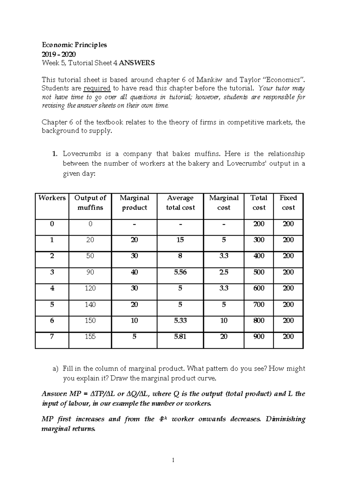 Tutorial 4 S1: Economic Principles Answers for Chapter 6 Analysis - Studocu