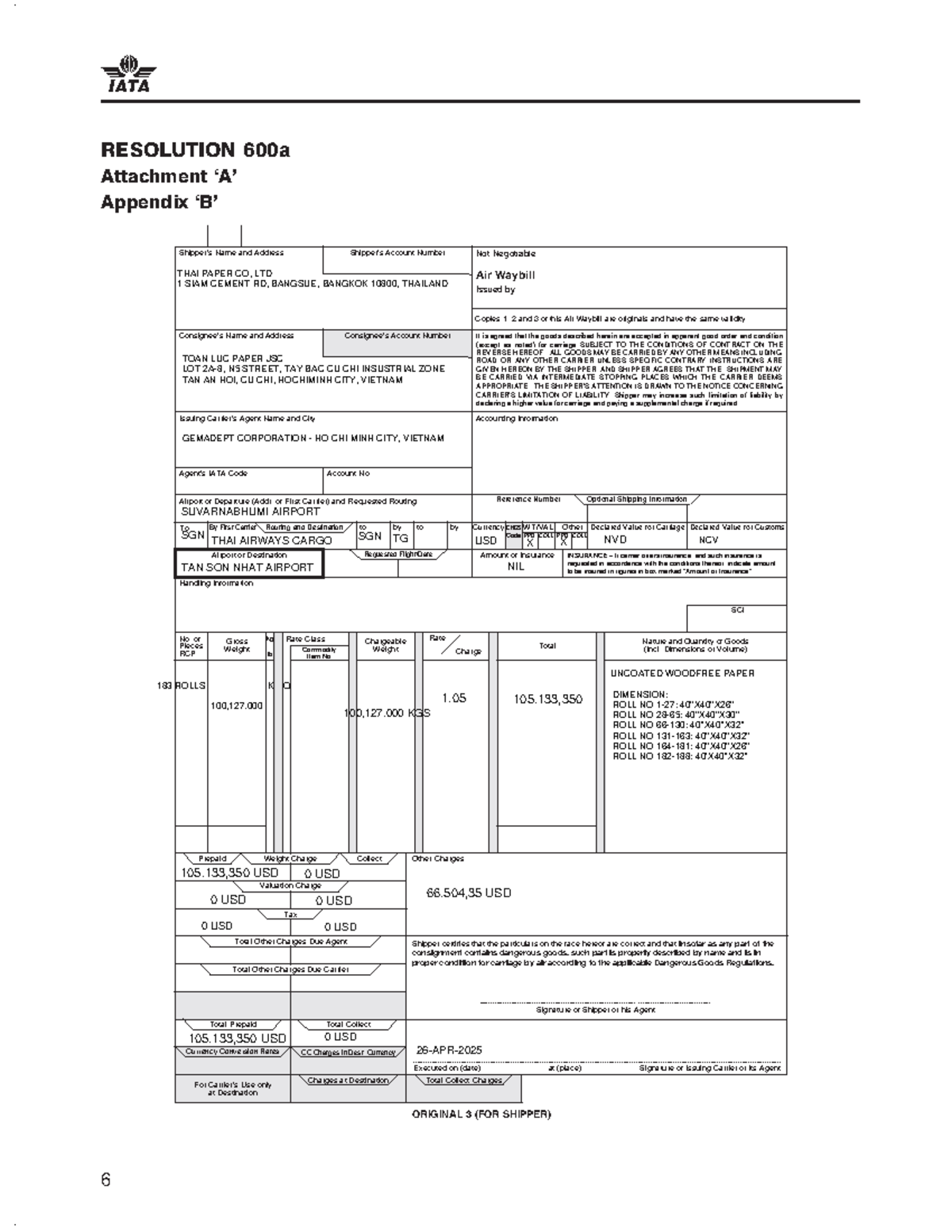 AIR Waybill - THAI PAPER CO, LTD to TOAN LUC PAPER JSC - Studocu