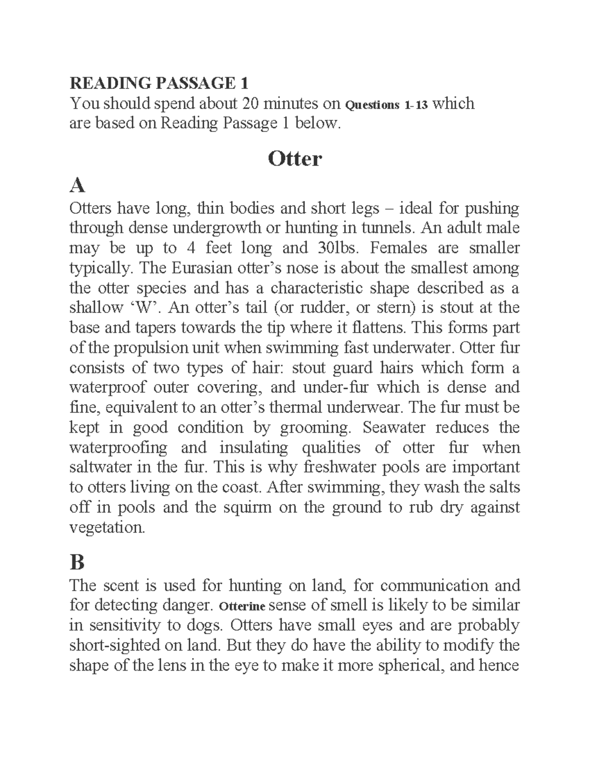 Otter Biology and Conservation: Insights from Reading Passage 1 - Studocu