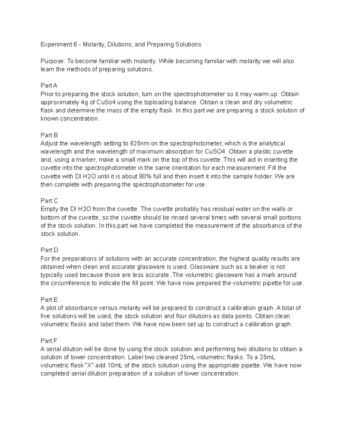 Lab 6 Summary: Molarity, Dilutions & Solution Prep Techniques - Studocu