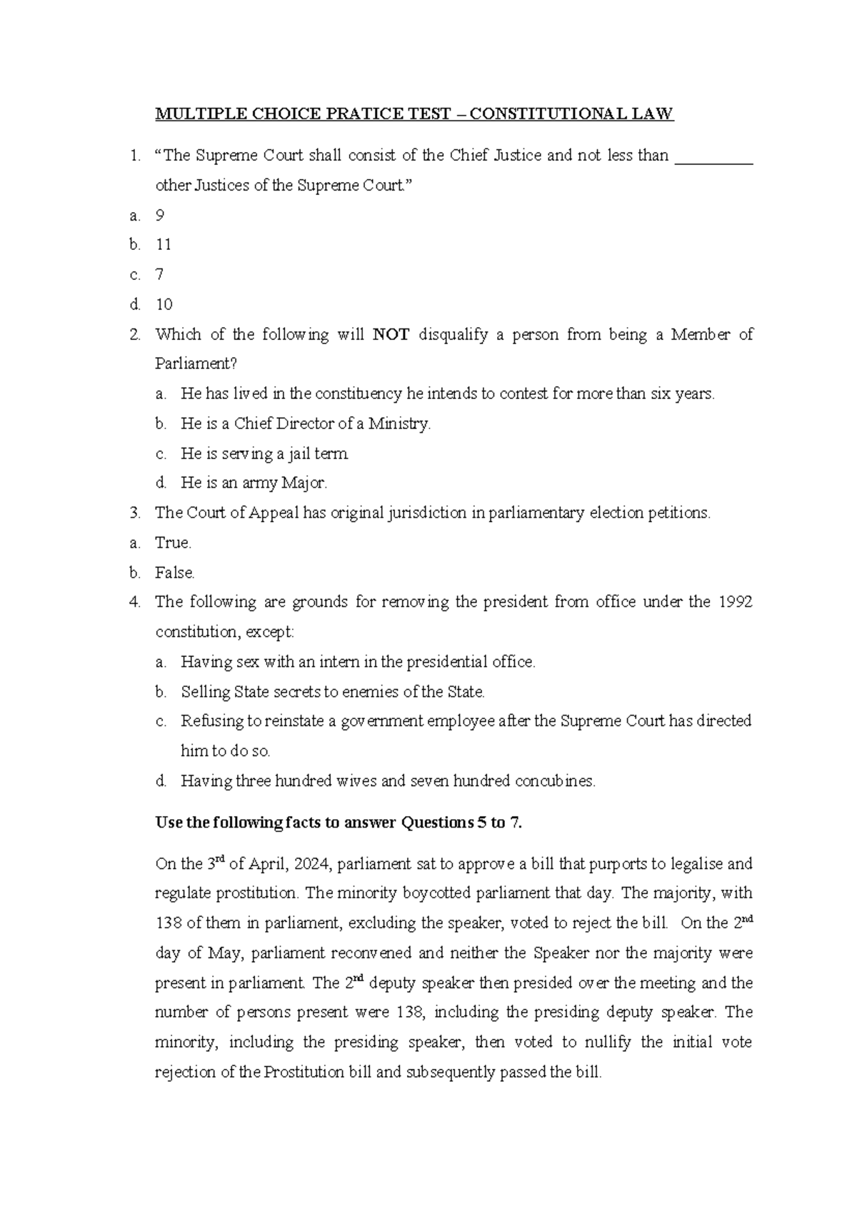 Multiple Choice Practice Test - Constitutional Law (LAW 101) - Studocu