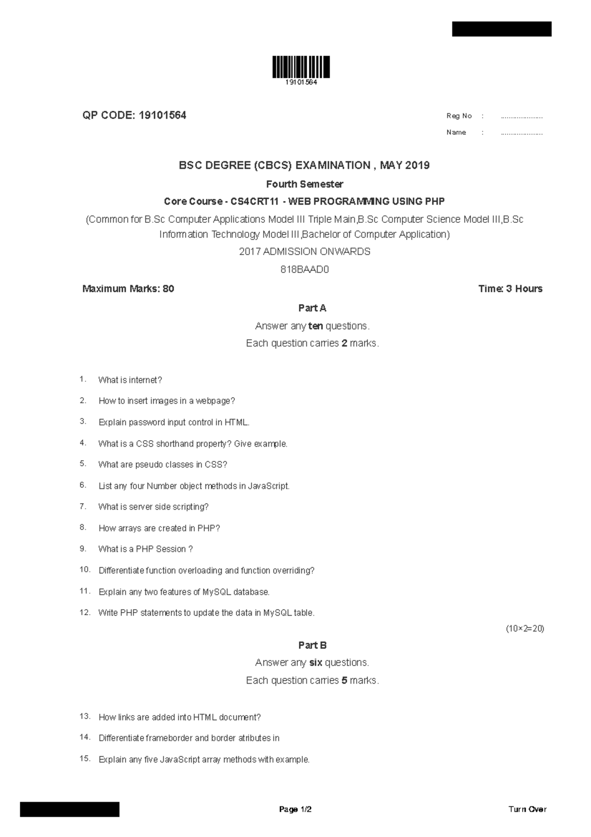 Bsc bca 4 sem web programming using php 19101564 may 2019 - QP CODE ...