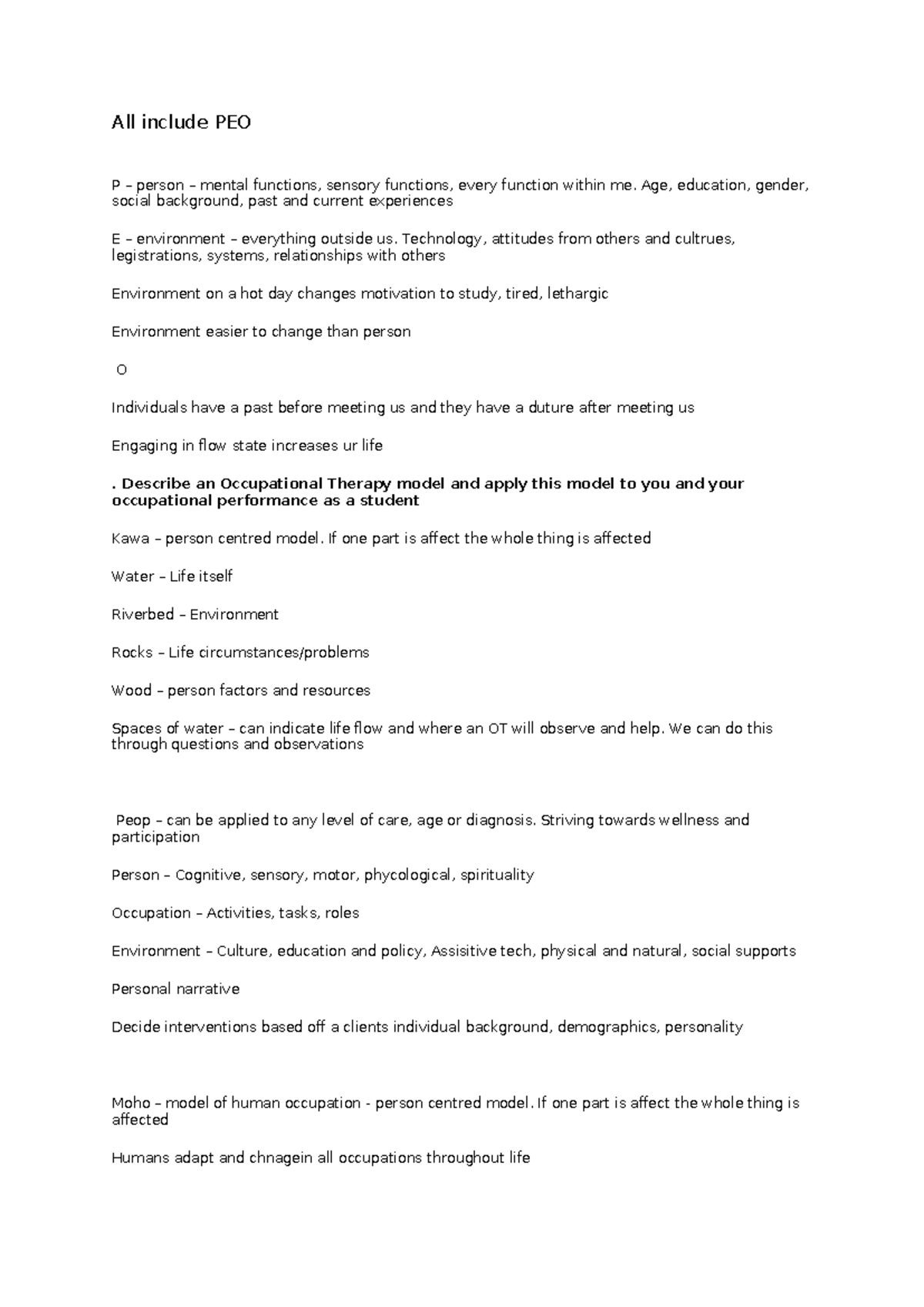 Occupational Therapy Notes: PEO Model Application in Student Life - Studocu