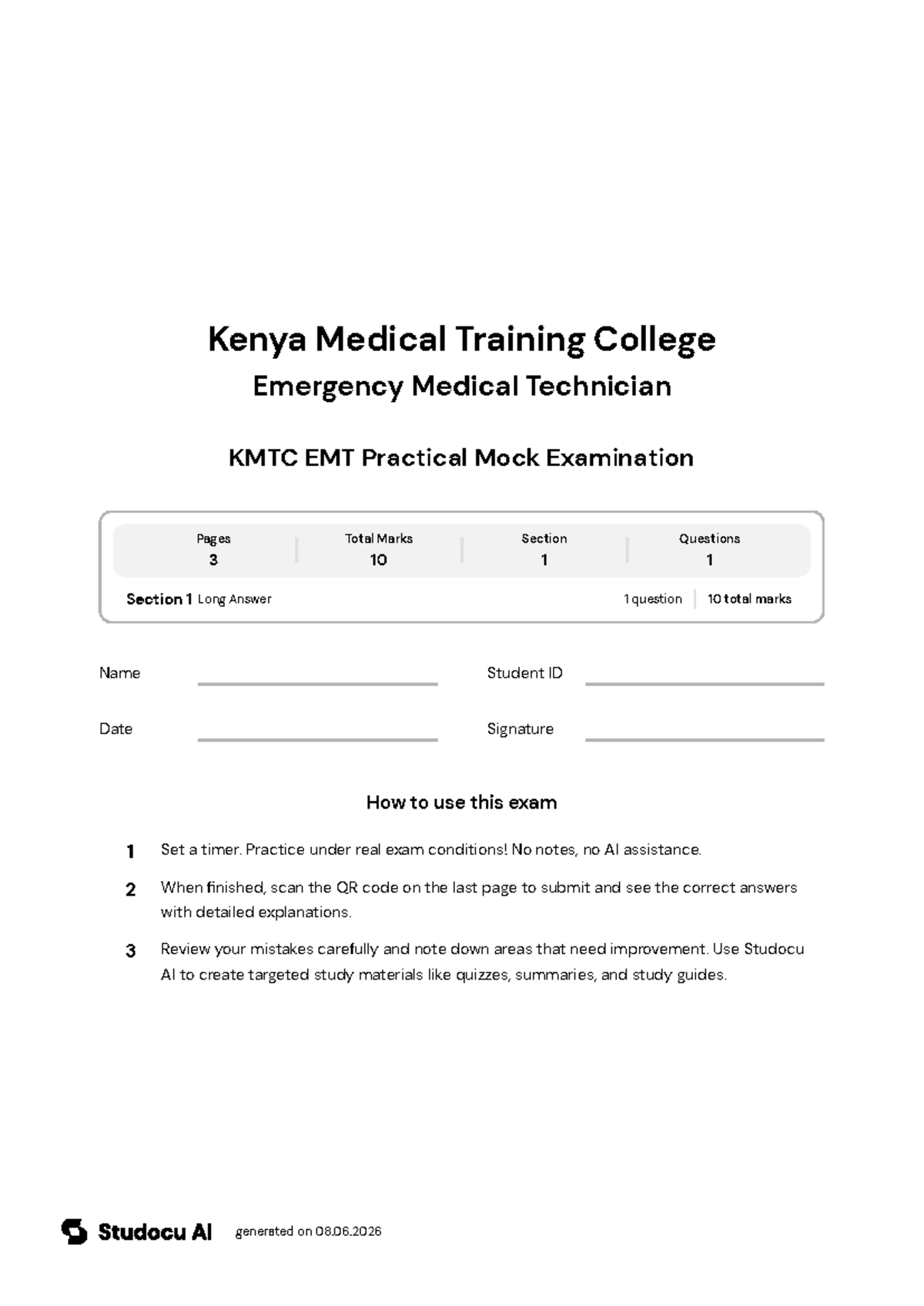 KMTC EMT Practical Mock Exam - Studocu