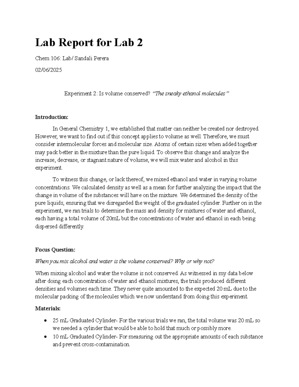 Lab Report for Lab 2 Chem 106: Volume Conservation in Ethanol-Water ...