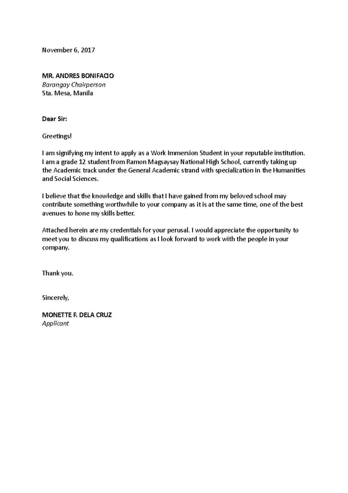Application Letter Template for Work Immersion - Grade 12 - Studocu