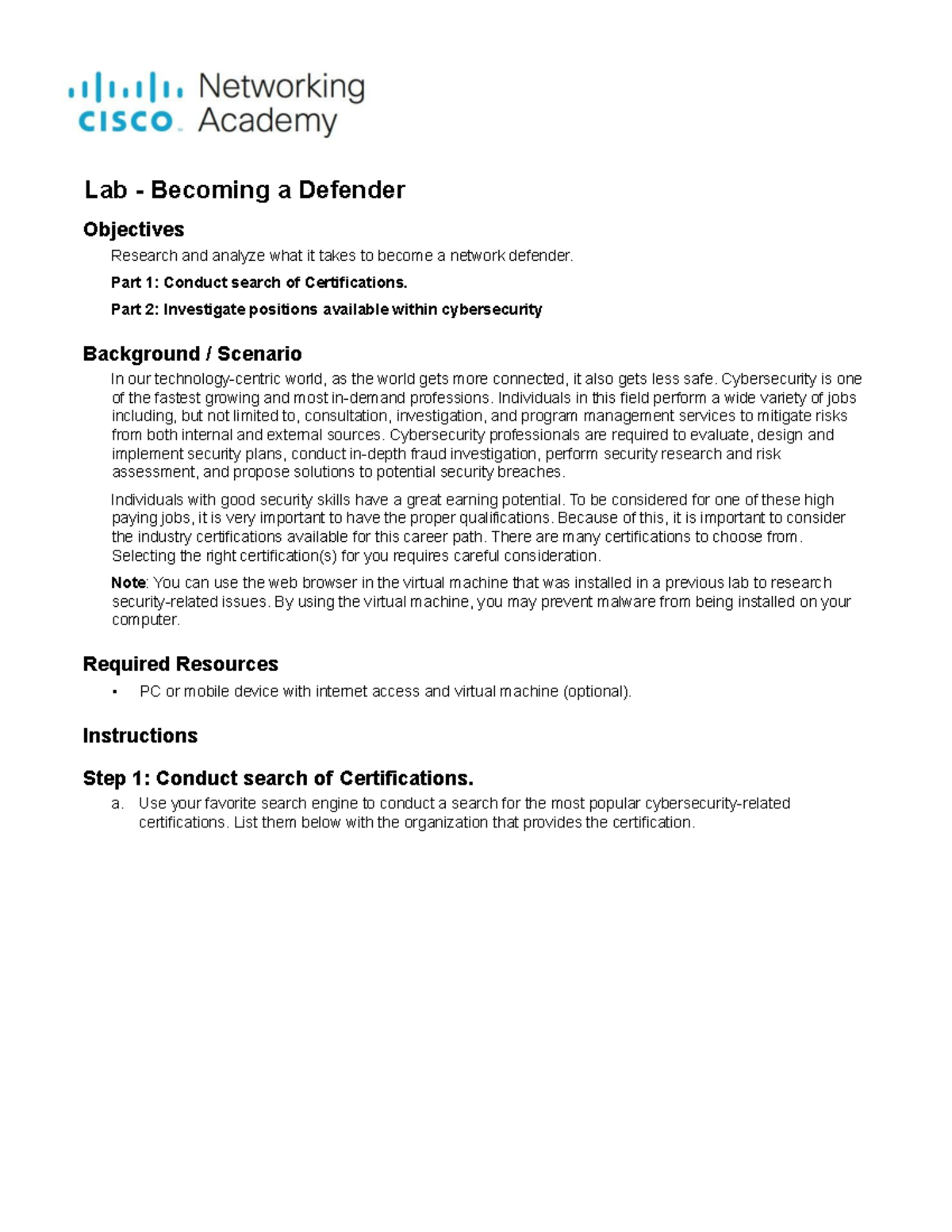PTSE 2005 Lab: Becoming a Network Defender - Objectives & Research ...