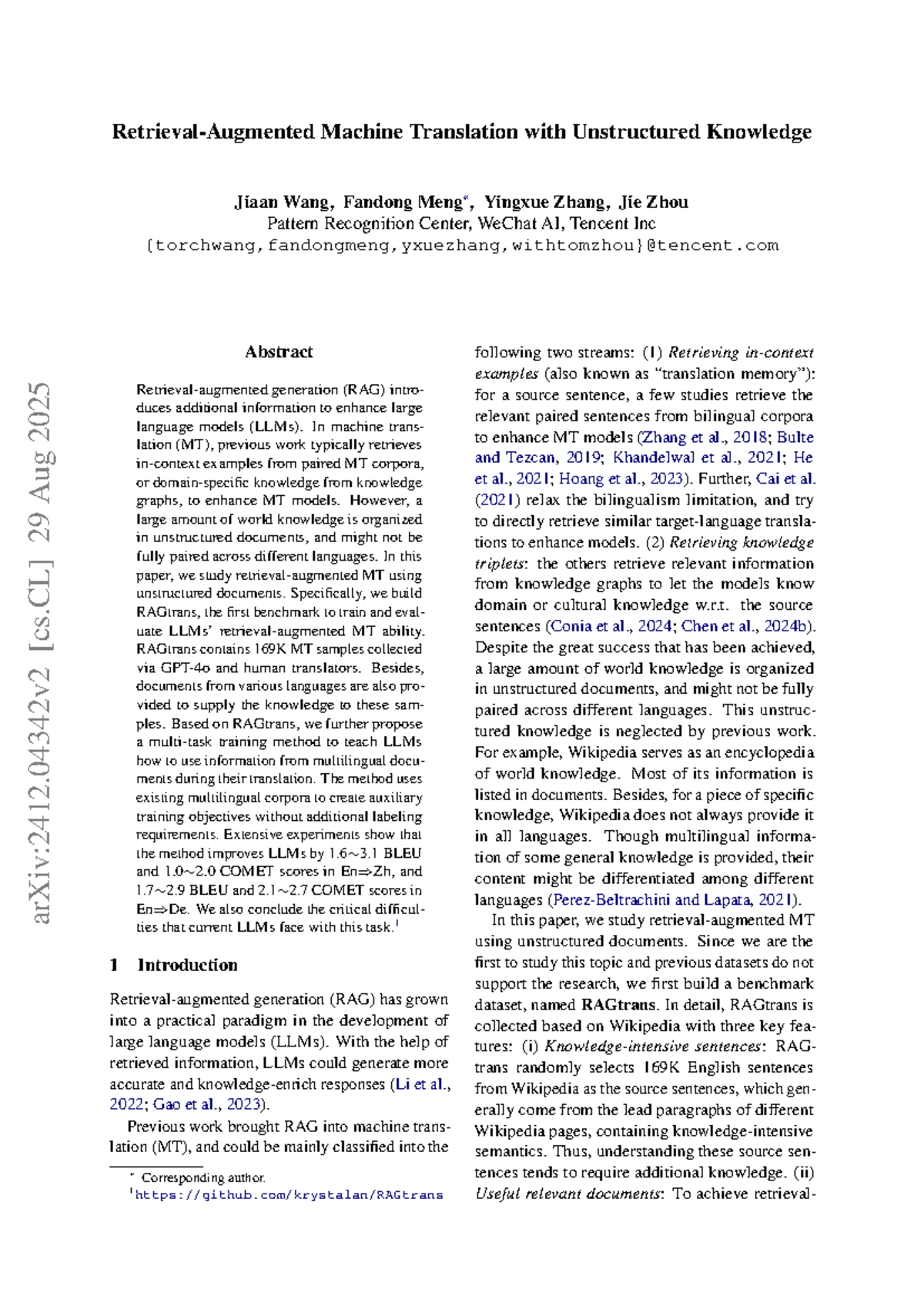 Machine Translation with Unstructured Knowledge: RAGtrans Benchmark (CS ...