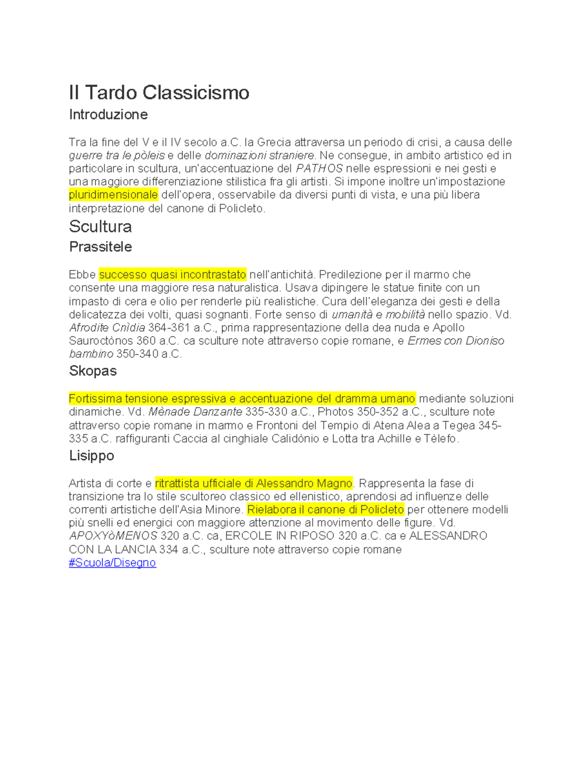 Il Tardo Classicismo: Appunti sul Periodo Artistico e Scultoreo - Studocu